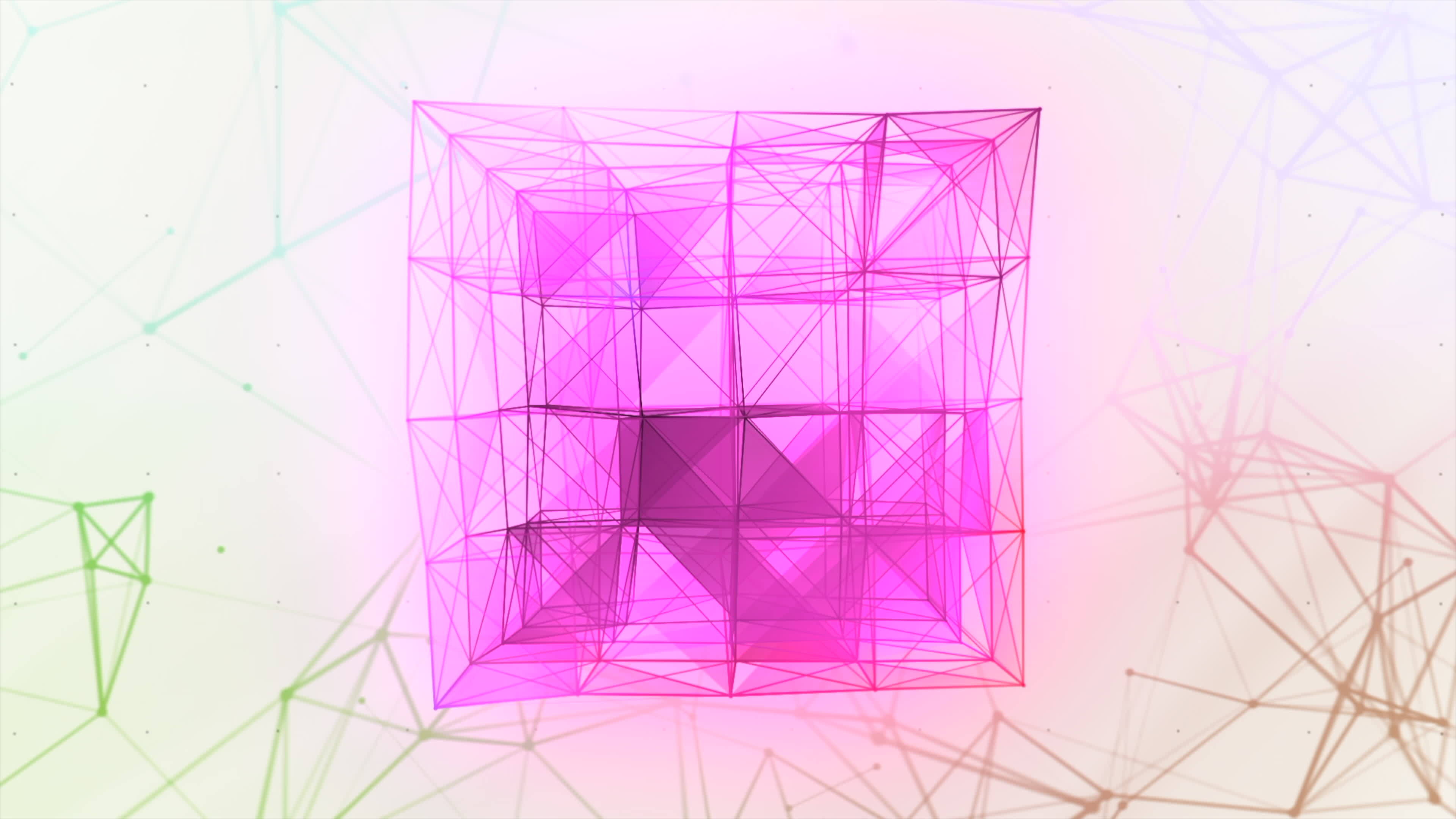 Cube of geometric connections of lines. Motion. Glowing cube of flashing triangles and linear ...