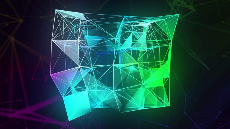 Artificial intelligence creating blue gradient plexus cubic 3D figure. Motion. Glowing beautiful ...