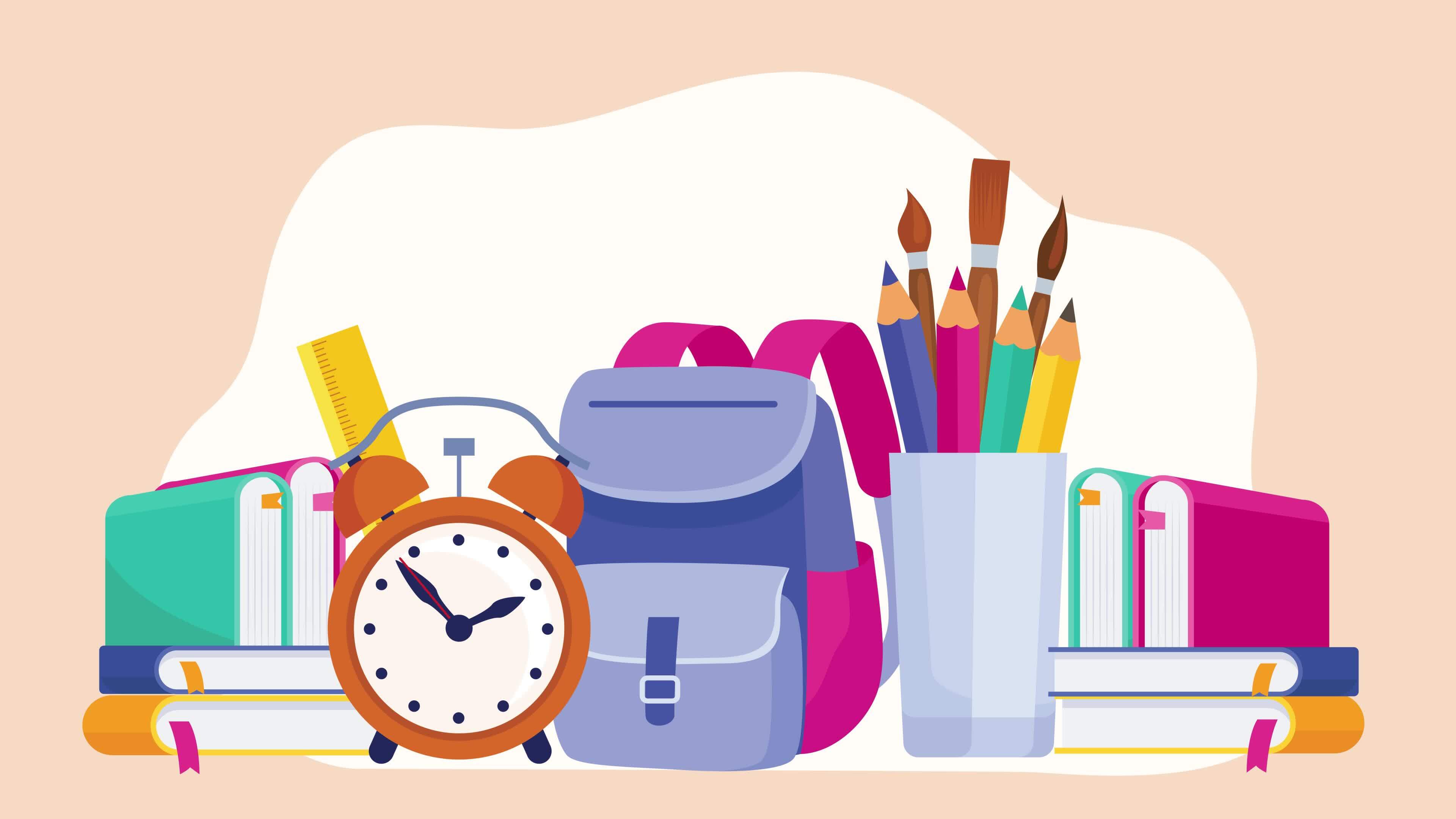 Back to School Supplies Bag Books and Clock Animation 46580319 Stock ...