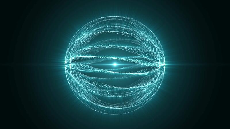 Shiny spherical field of flowing energy waves made of glow particles. Loopable abstract atomic ...