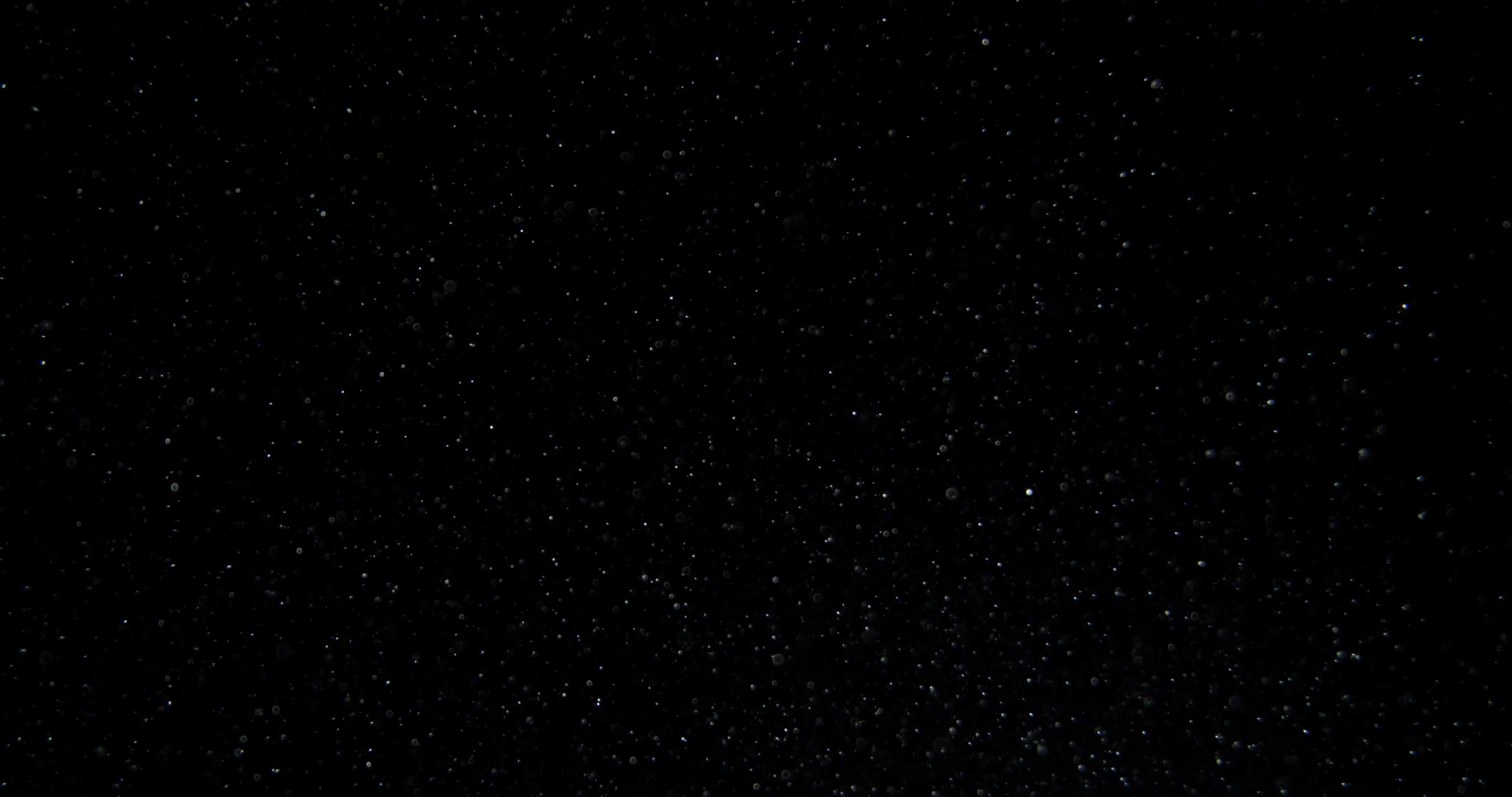 Cinematic dust particles floating on black background in slow motion. Atmosphere overlay. Filmed ...