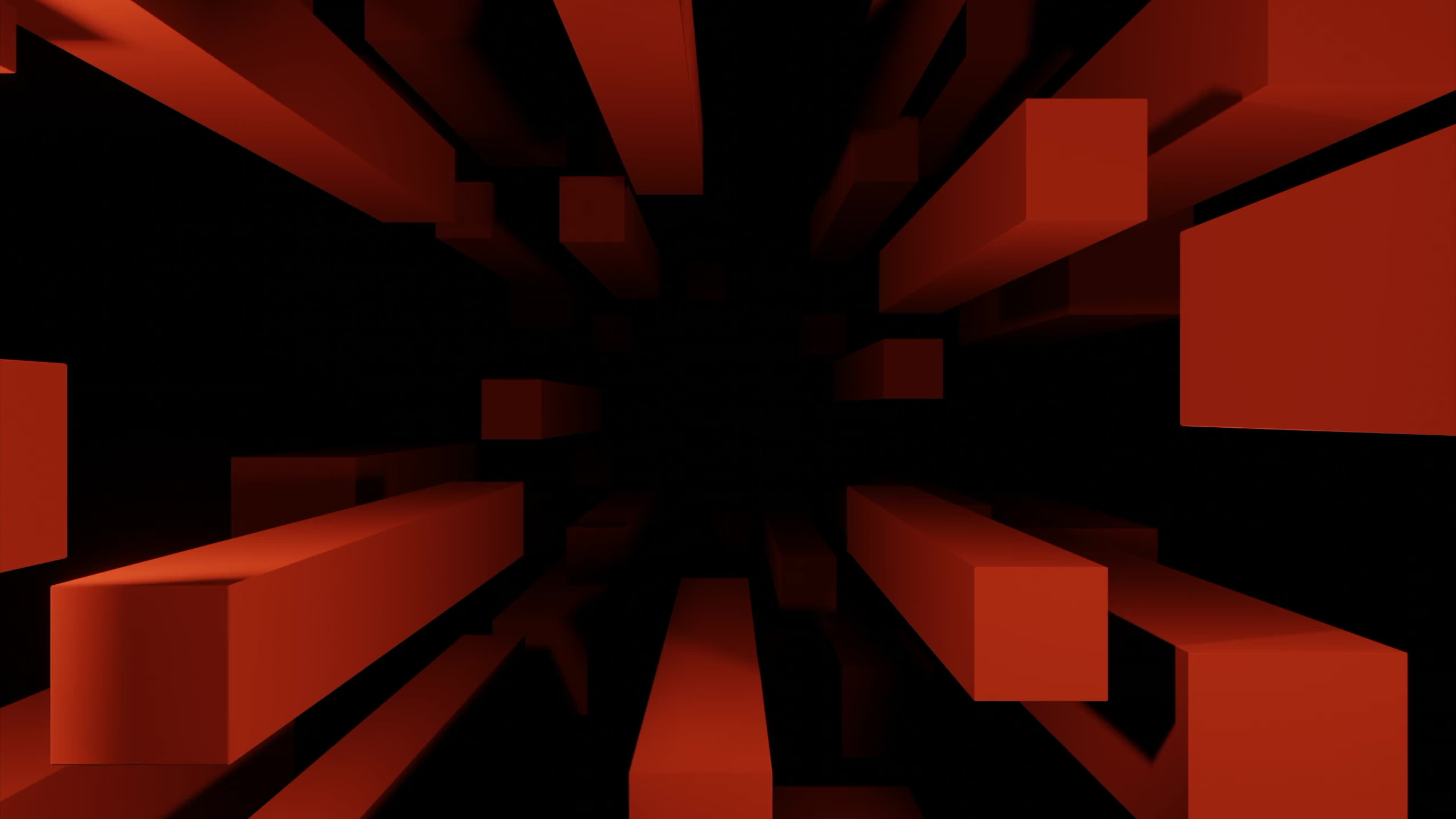 Black background. Design. Bright red rectangles in 3d format fly in a ...