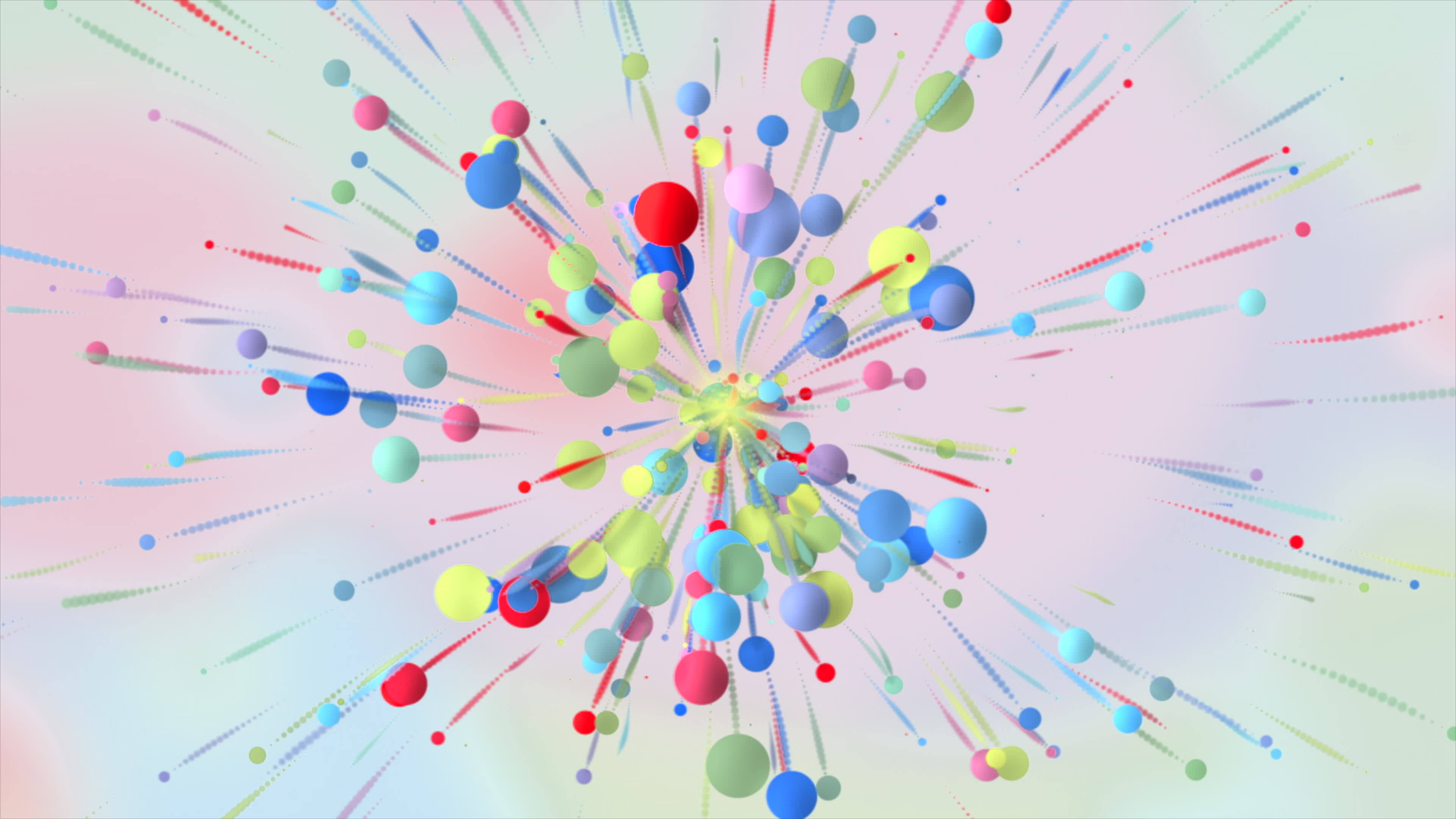 Colorful balls move to center. Motion. Abstract animation in biology or ...