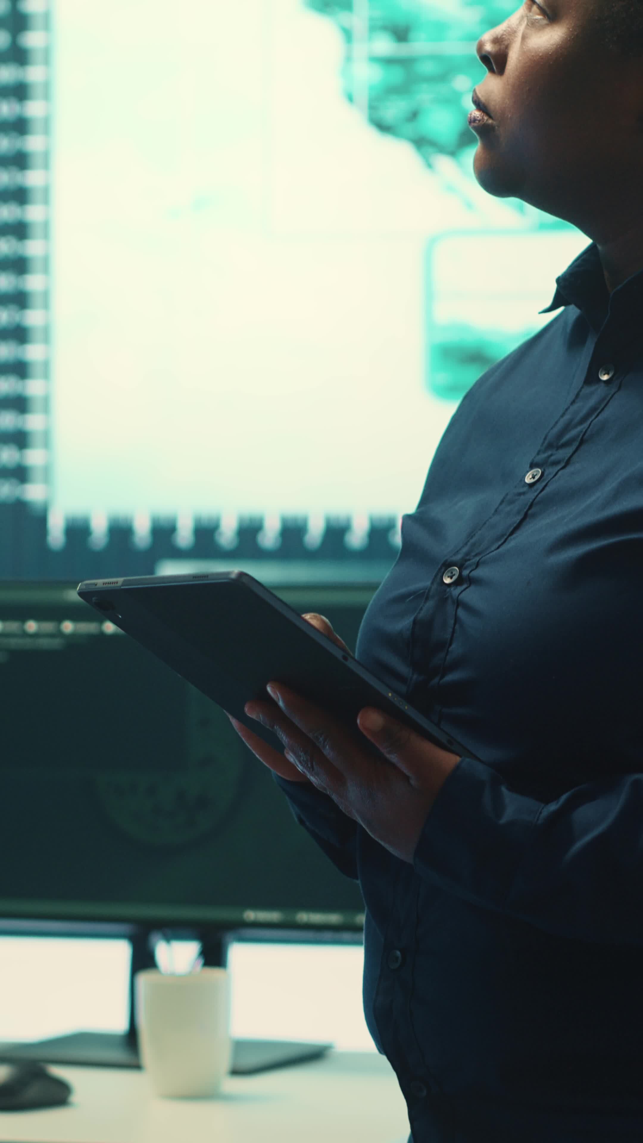 Vertical Governmental Hackers Working On Computer Network In High Tech Office Focusing On Data