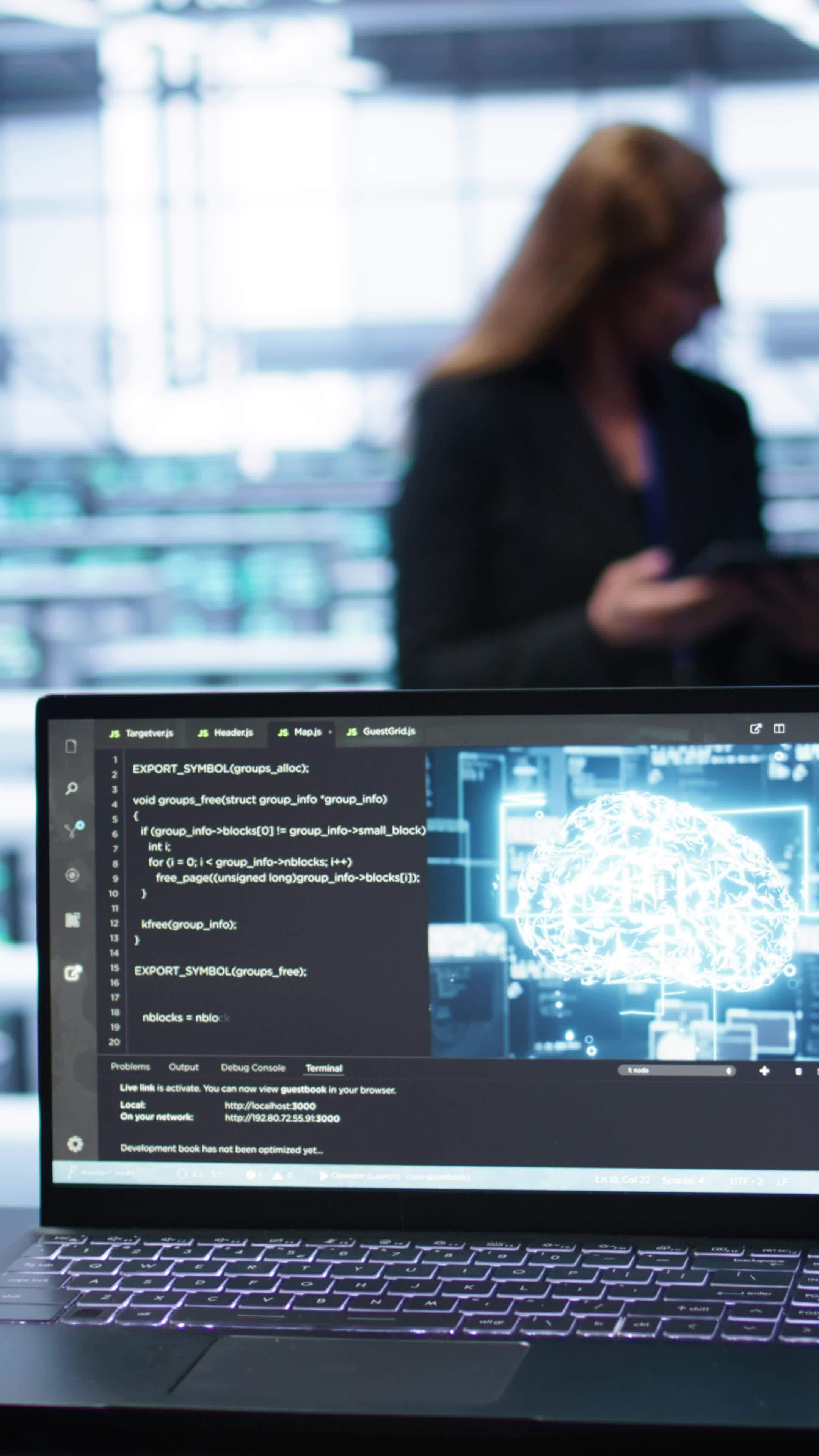 Vertical Laptop in data center establishment with artificial intelligence computing simulating ...
