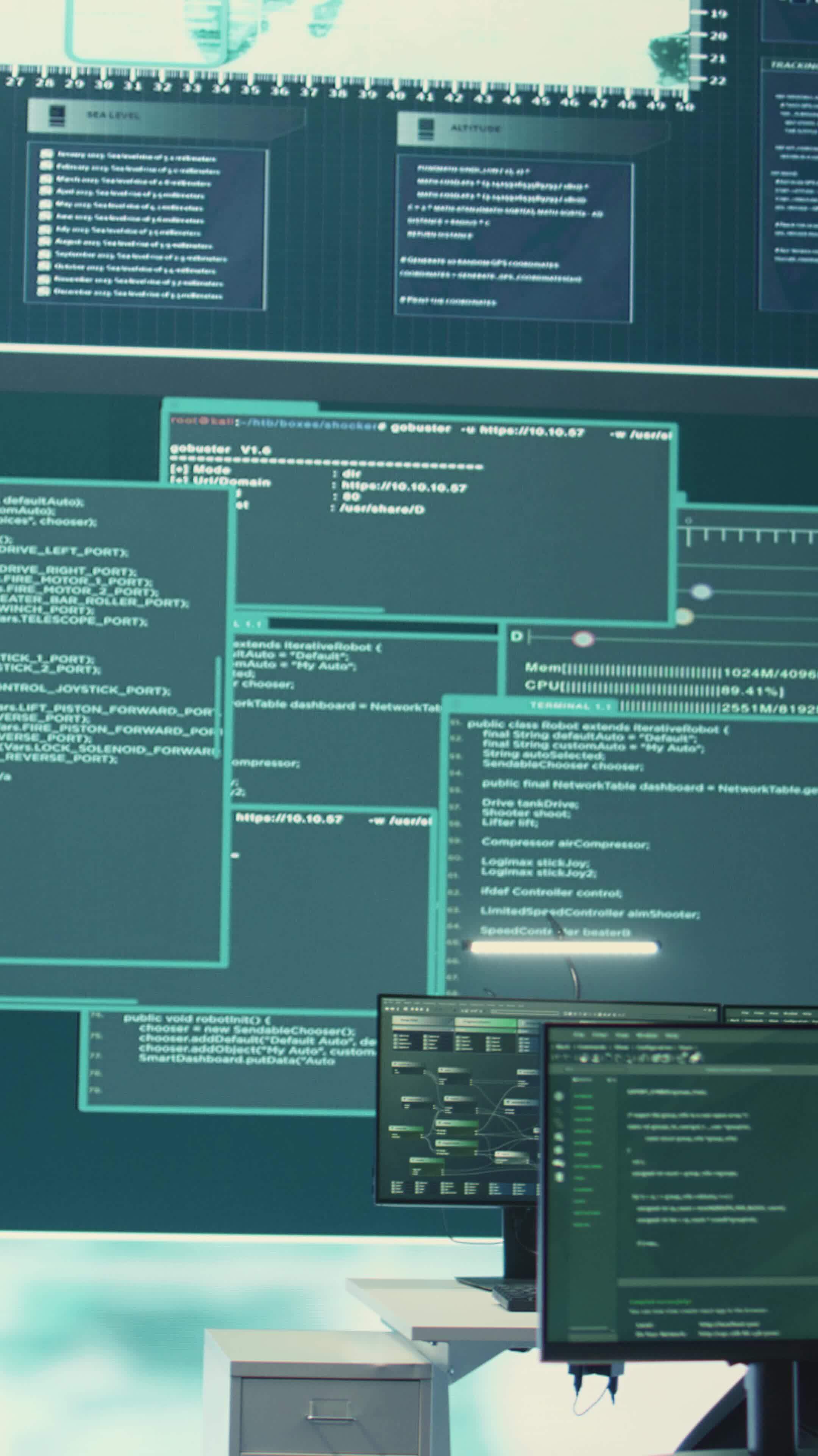 Vertical High tech governmental cyber security room without staff at ...