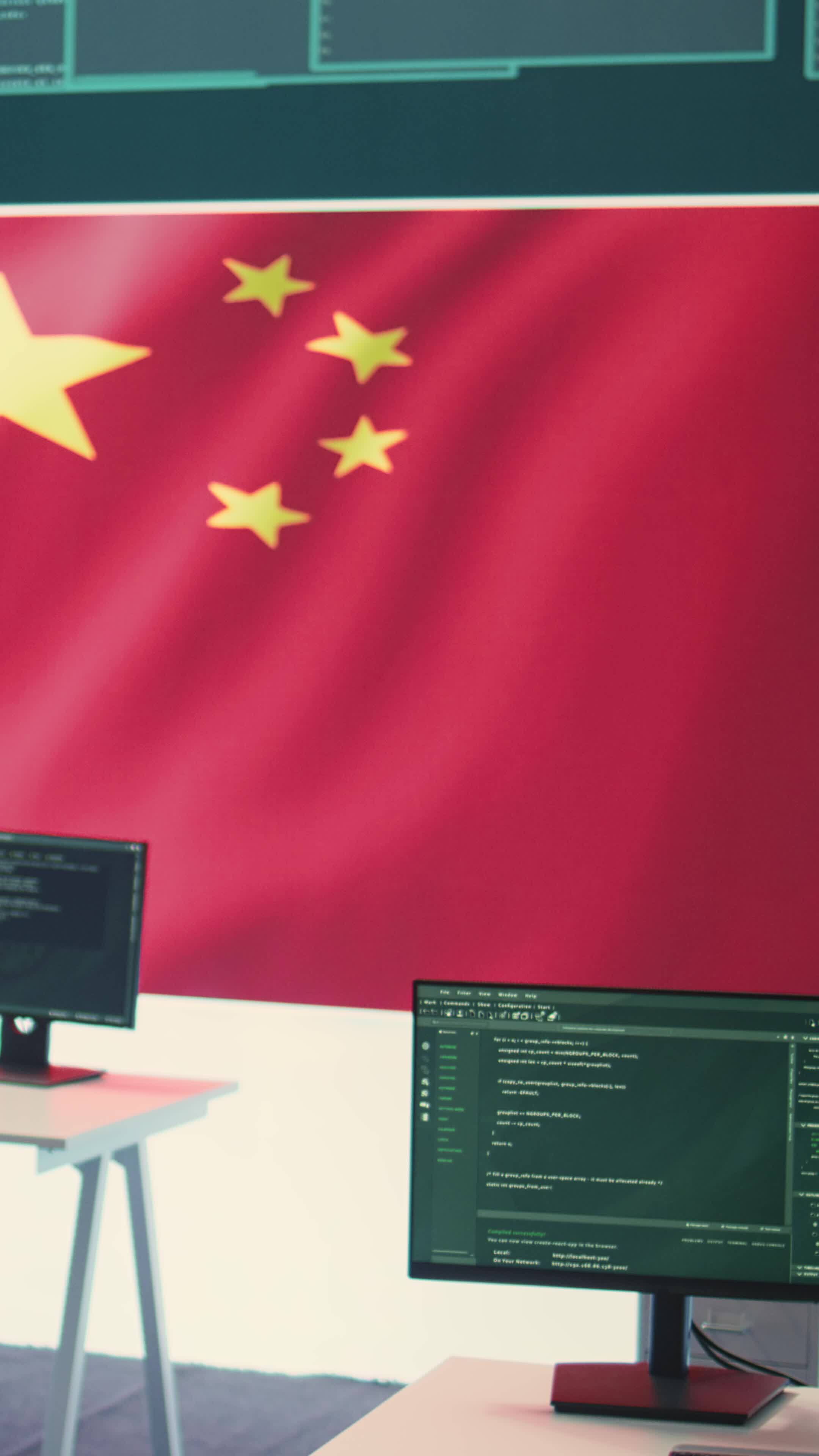 Vertical Empty Governmental Hacking Room With Chinese Flag On A Big