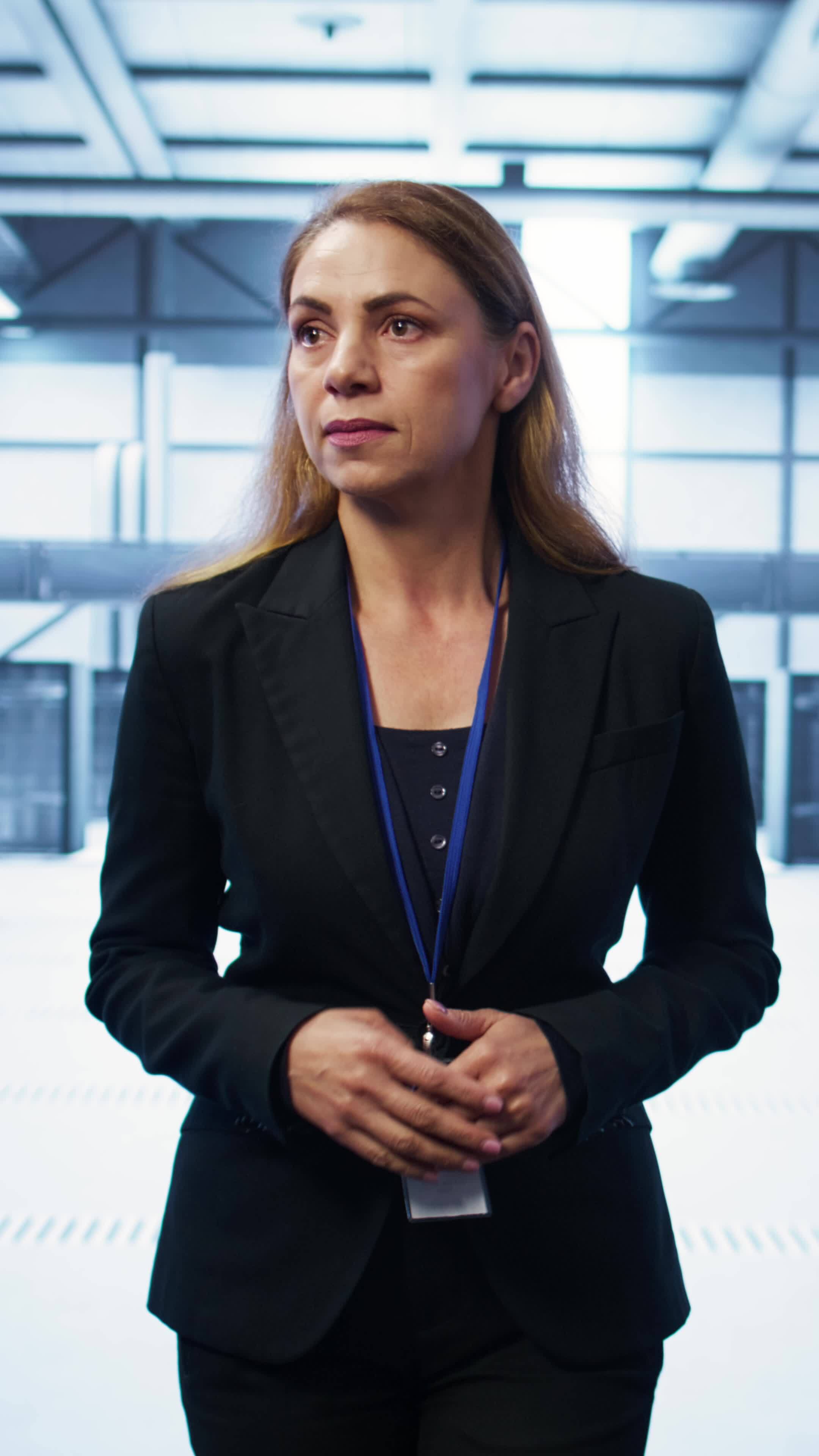 Vertical Manager Inspecting Server Room Gear Walking Between Mainframes Woman Doing Evaluation