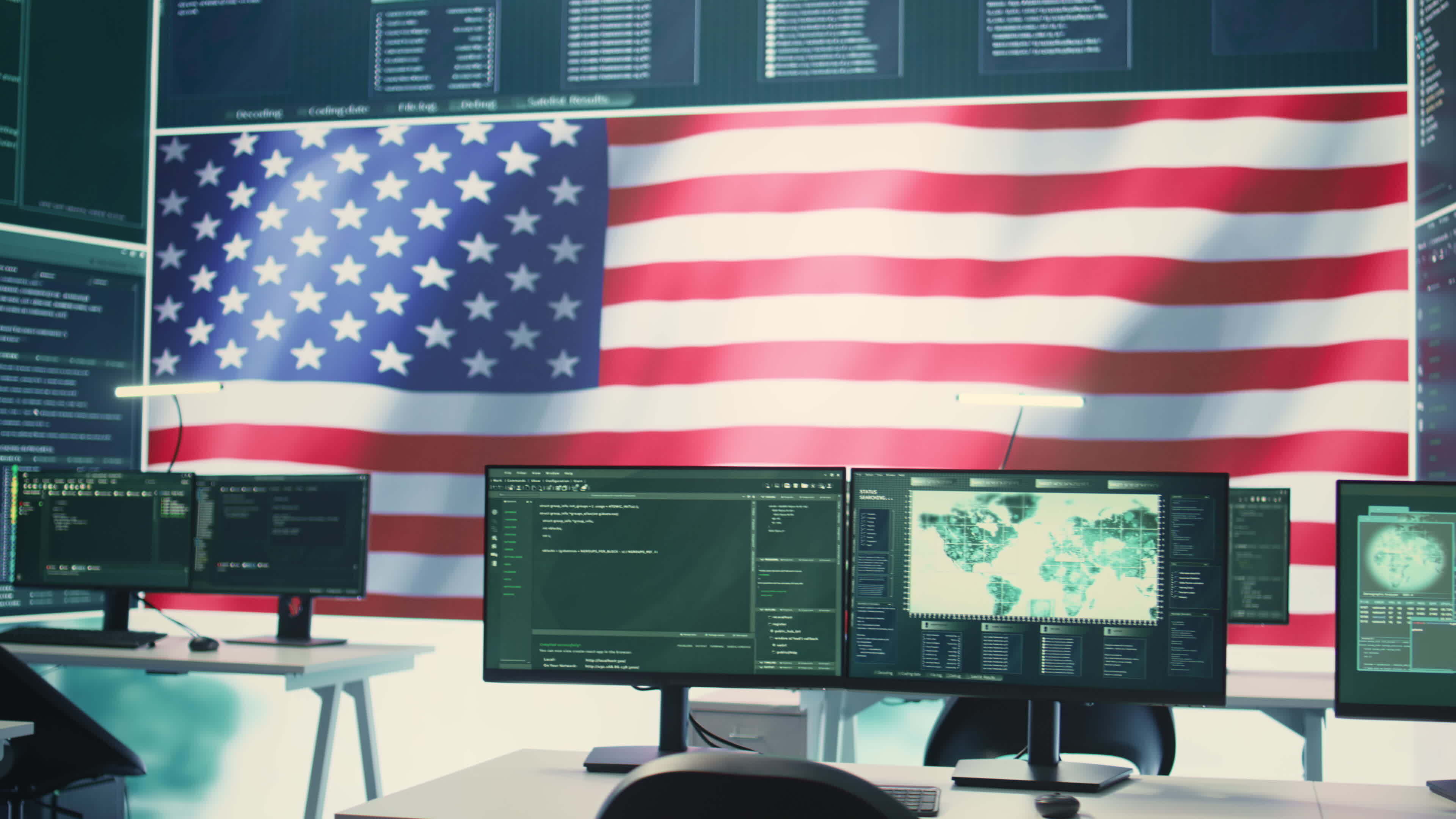 Governmental Tech Room Showing An Usa Flag On Big Screen Showcasing