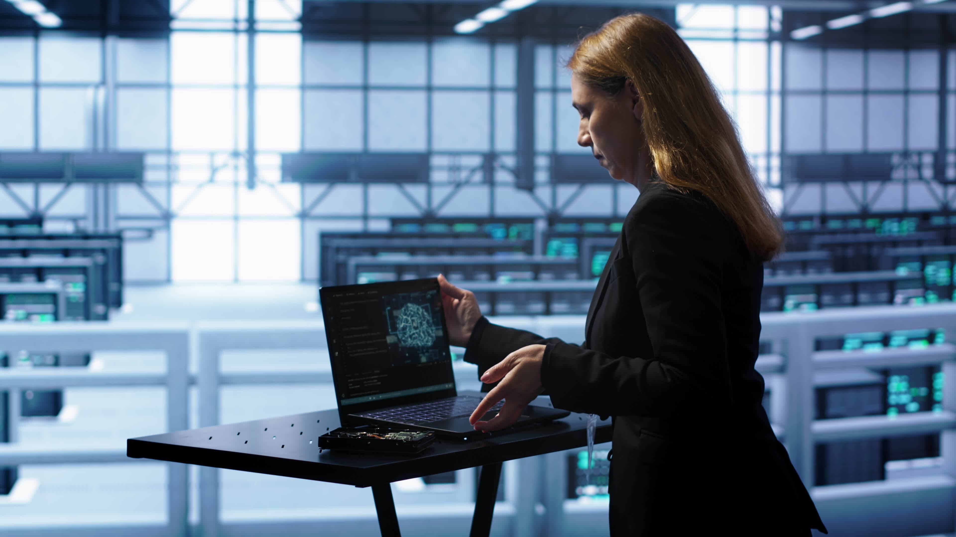 Admin in data center works with artificial intelligence computerized model simulating human ...