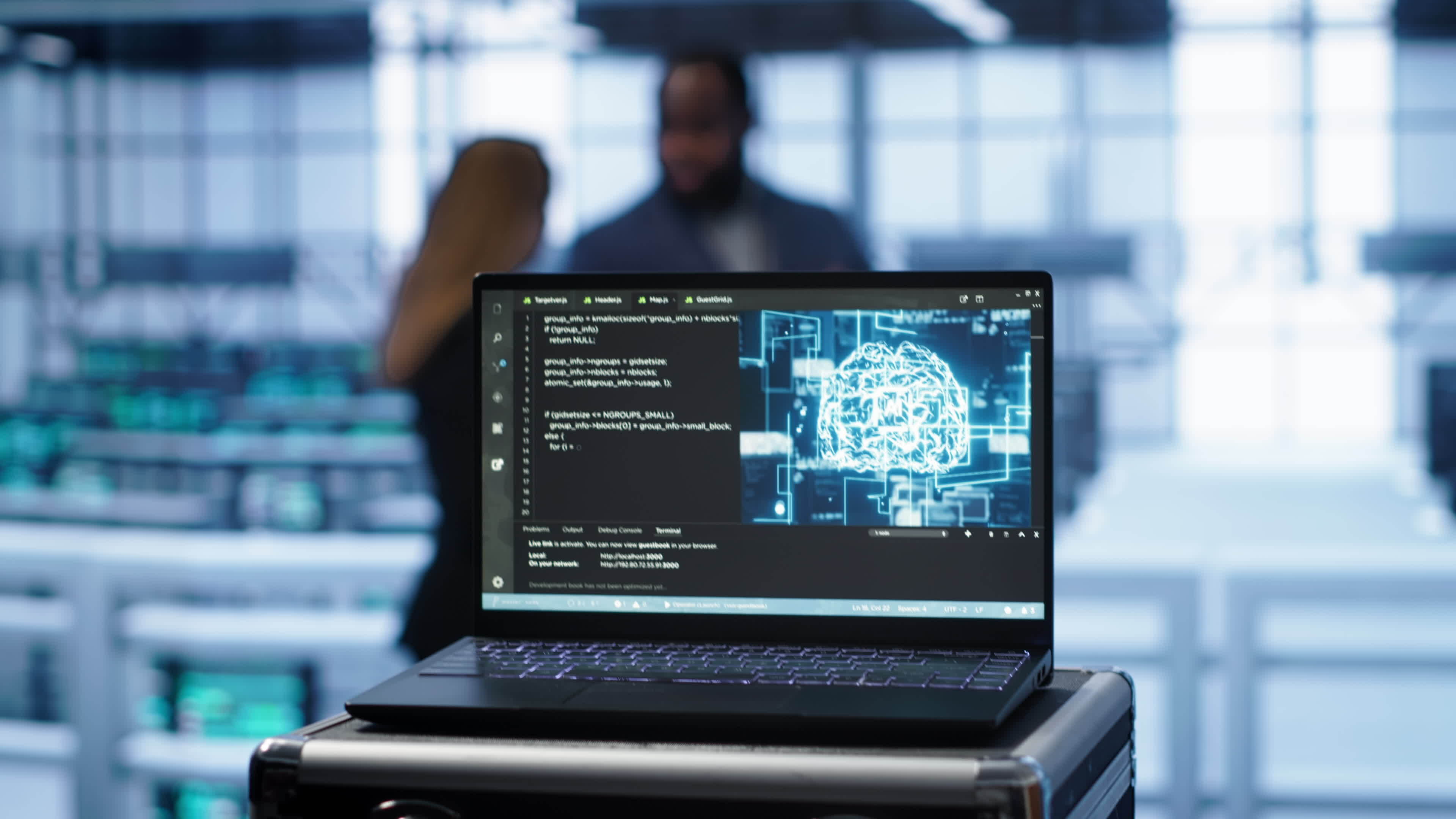 Focus on notebook used by engineers in server hub in blurry background using artificial ...
