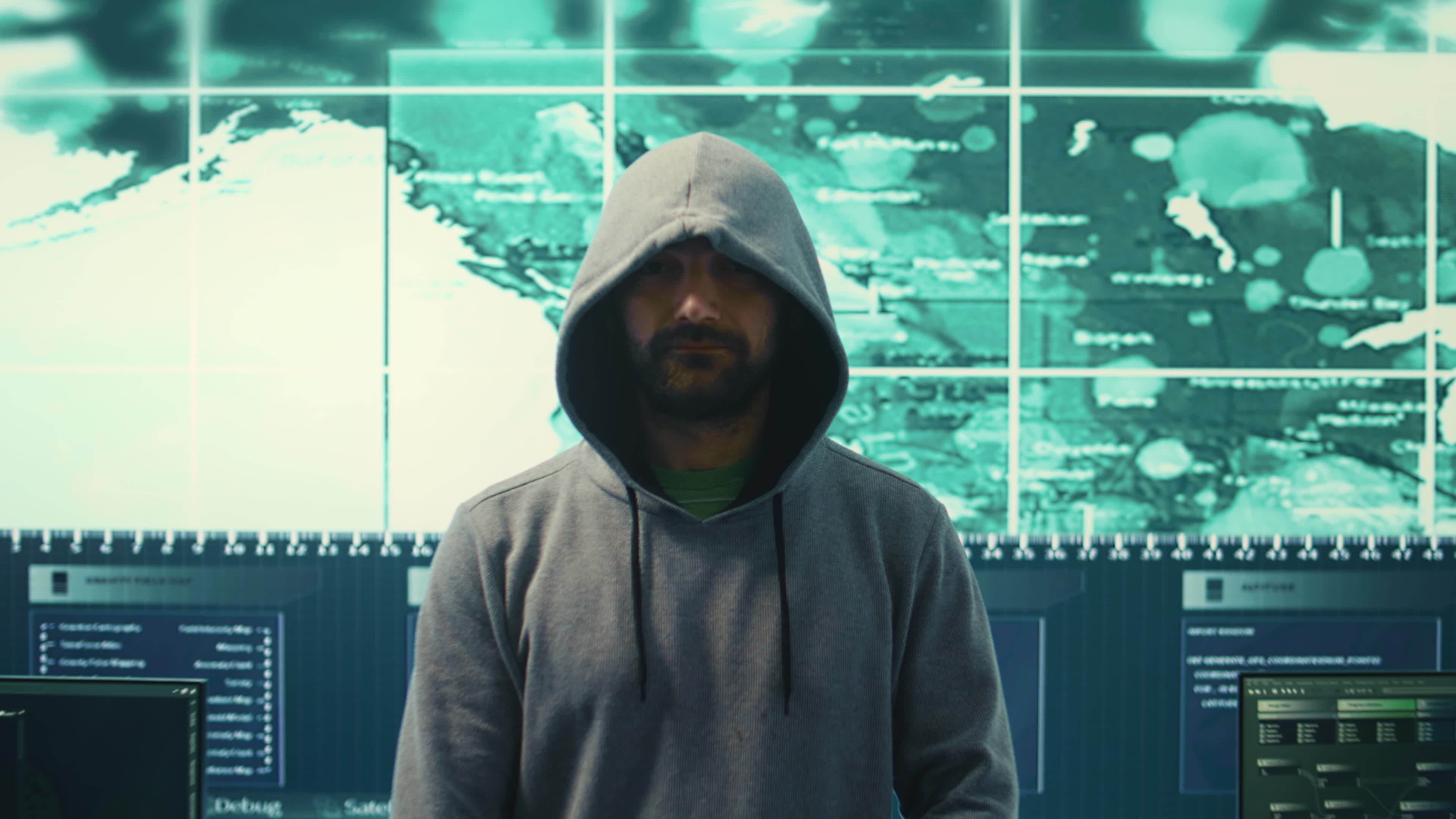 Governmental Hacker Works With Secure Data On A Computer Network