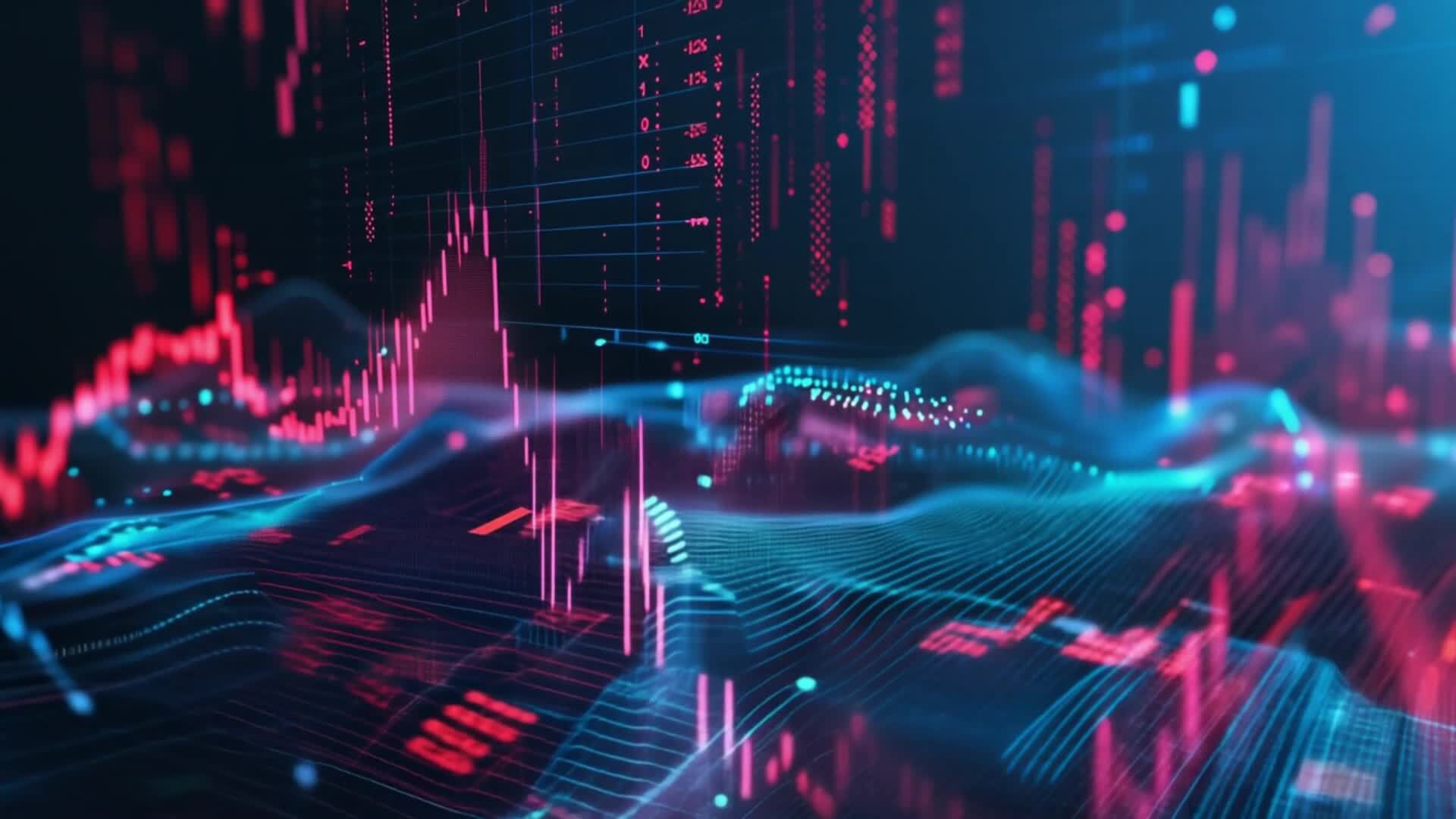 Dynamic digital chart with moving graphs and data lines in red and blue ...