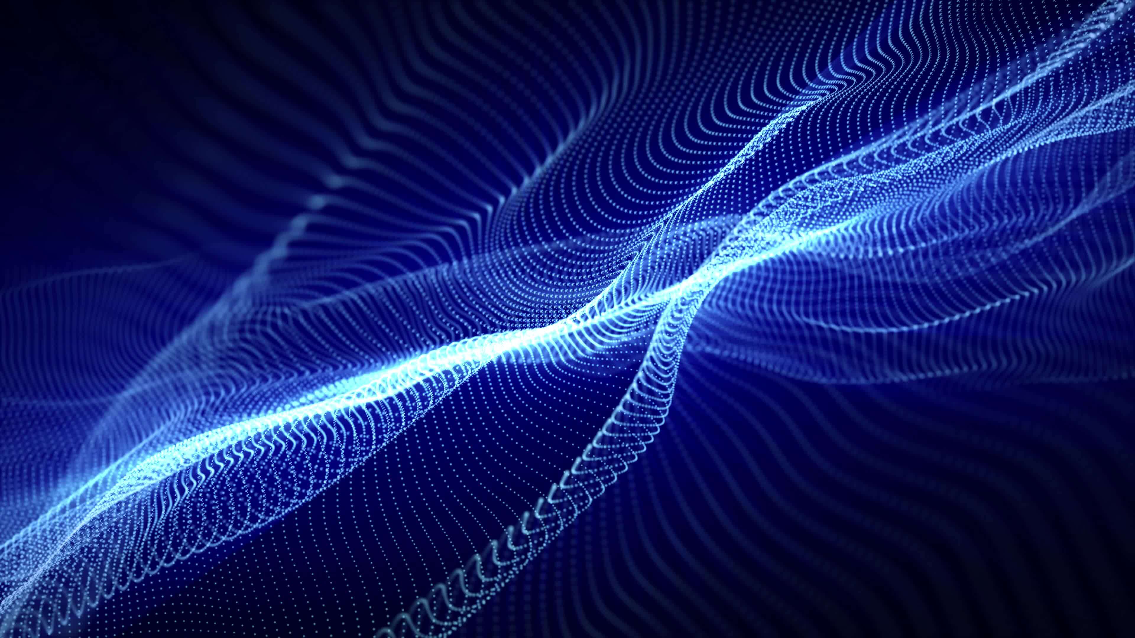 Looped background with glow blue waves floating in abstract digital ...