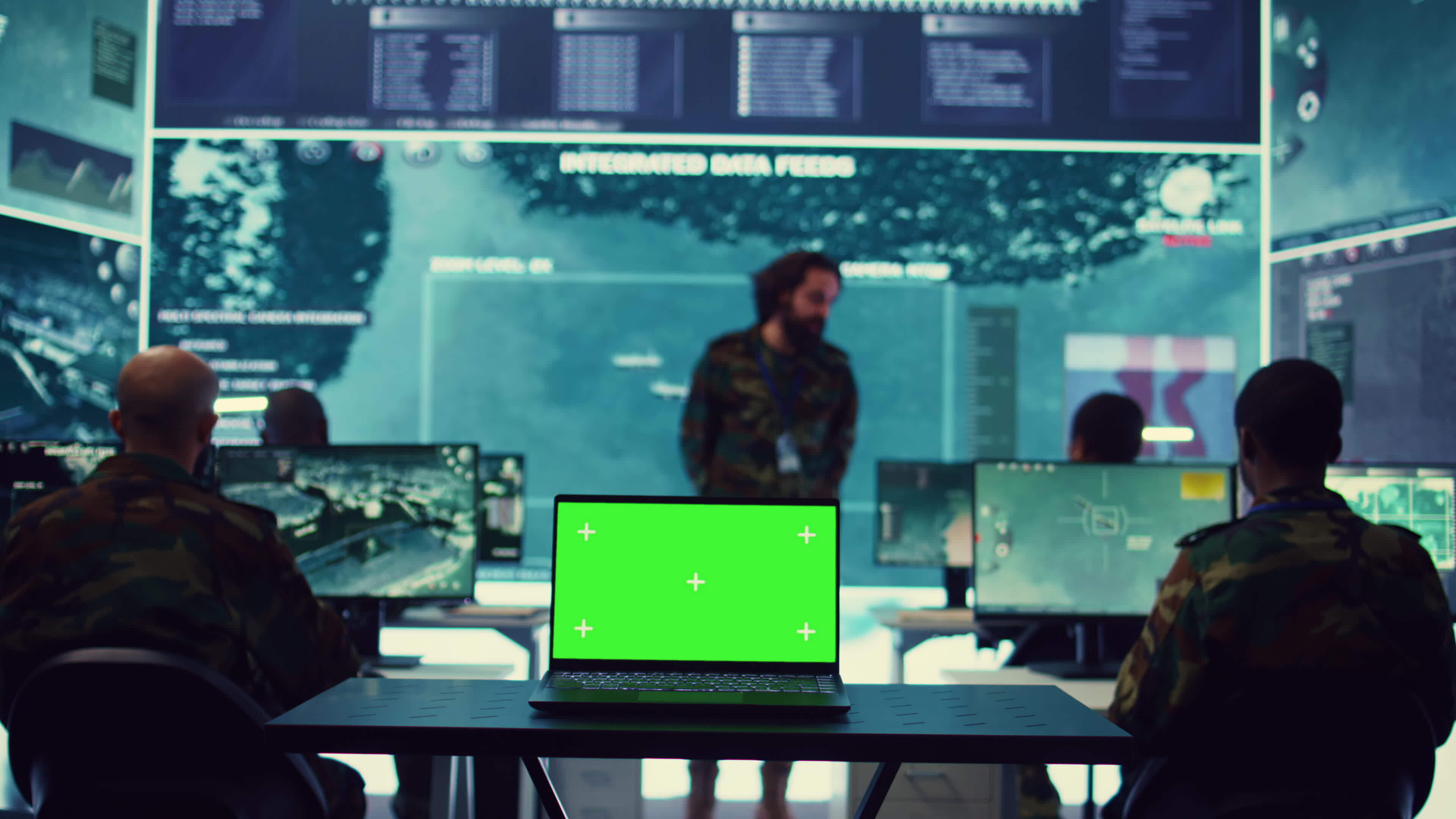 Laptop showing isolated mockup screen in army base of operations ... Laptop showing isolated mockup screen in army base of operations ...