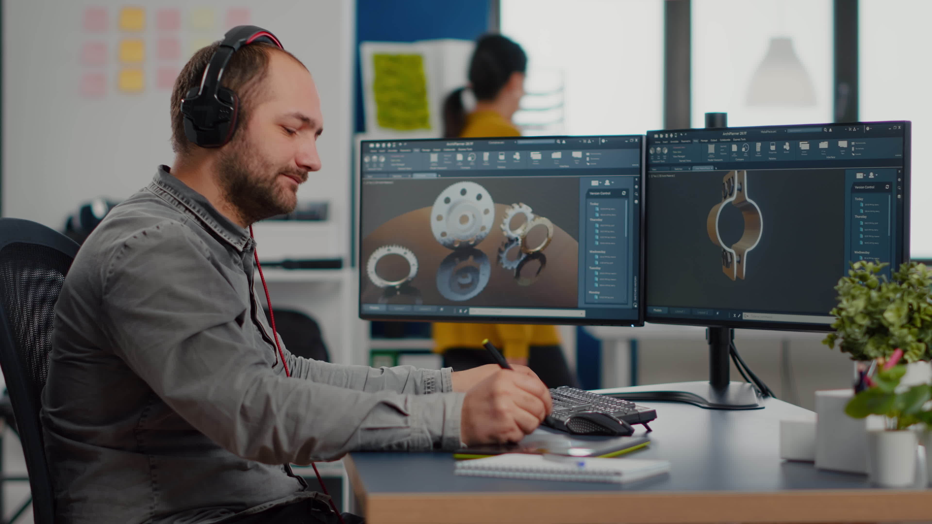 Focused man designer architect working at new project using computer ...