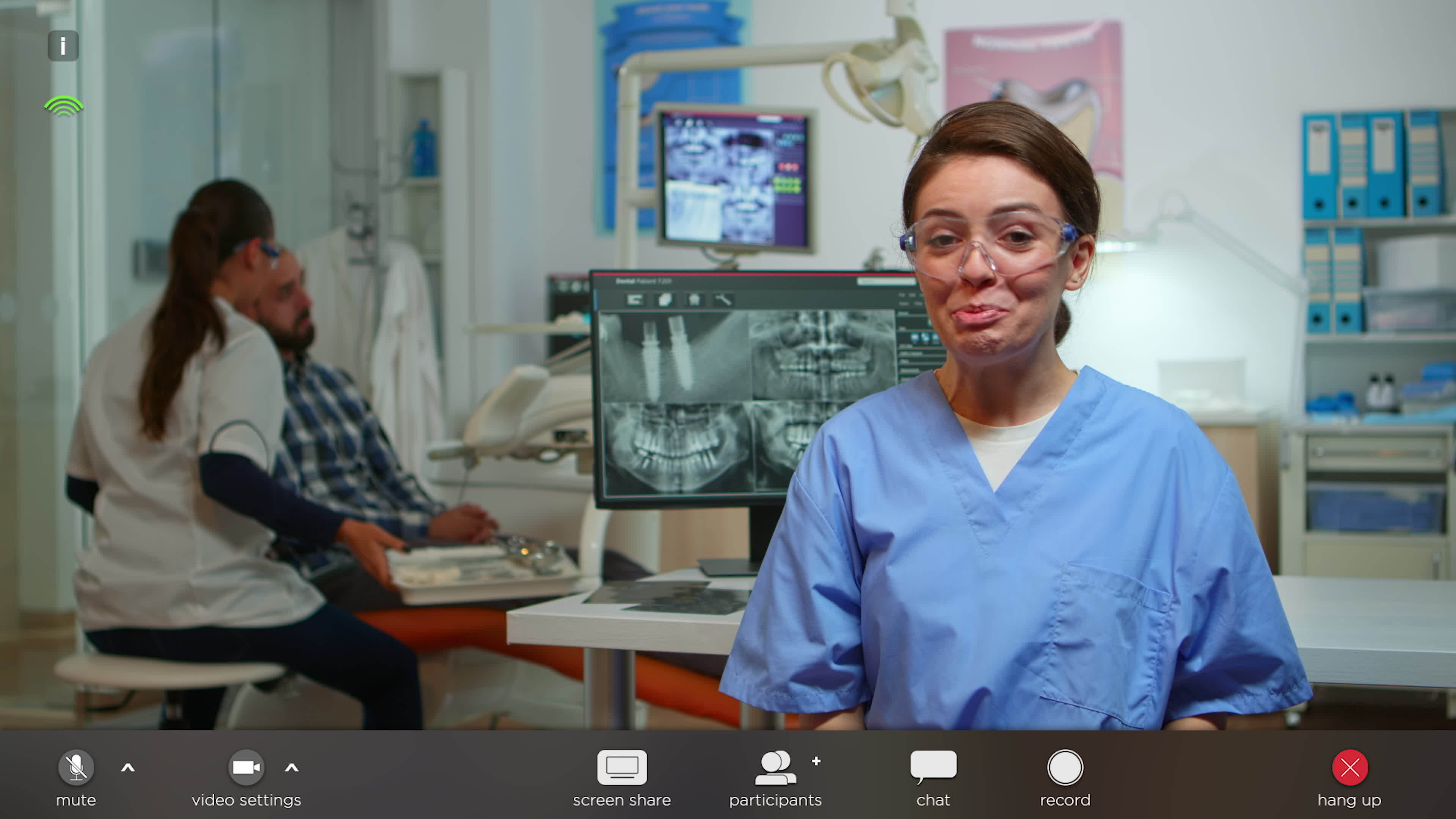 Dentist nurse talking with remote patients about hygiene looking at ...