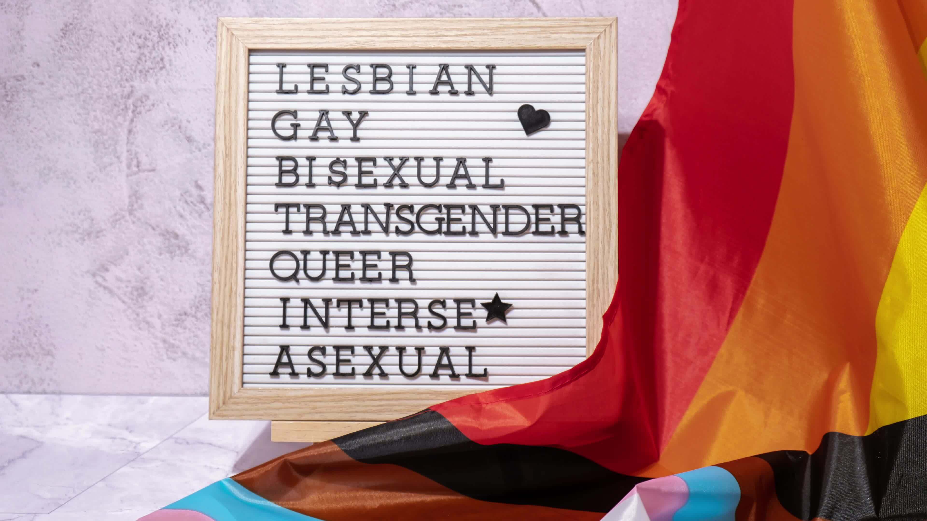 LGBTQIA description frame on Rainbow LGBTQIA flag made from silk ...