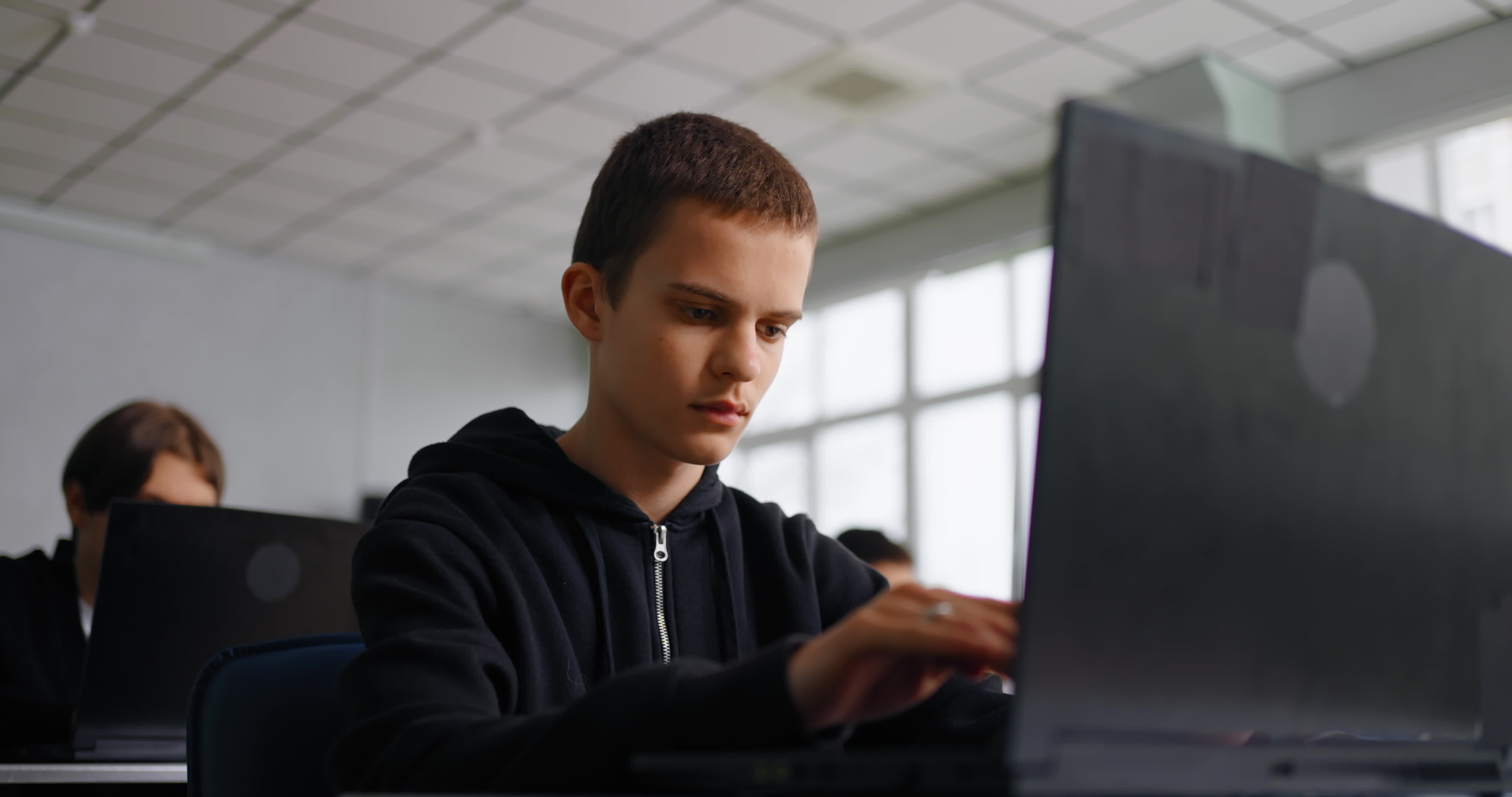 Teenager Working With Laptop In Classroom, Learning Of Coding And Programming, Future Programmer ...