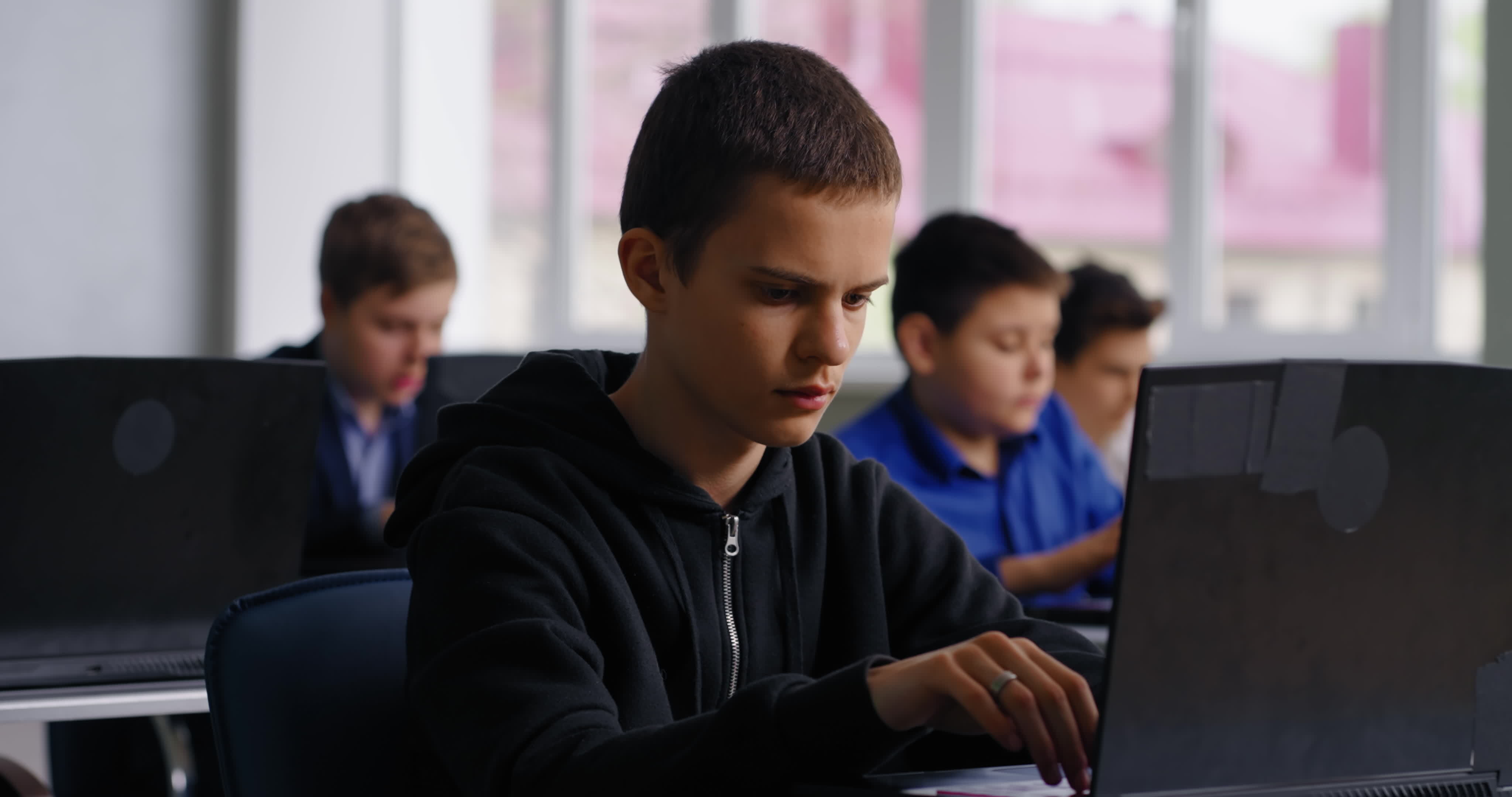 Smart Teen Boy Student Working With PC In Computer-Based Classroom Of ...