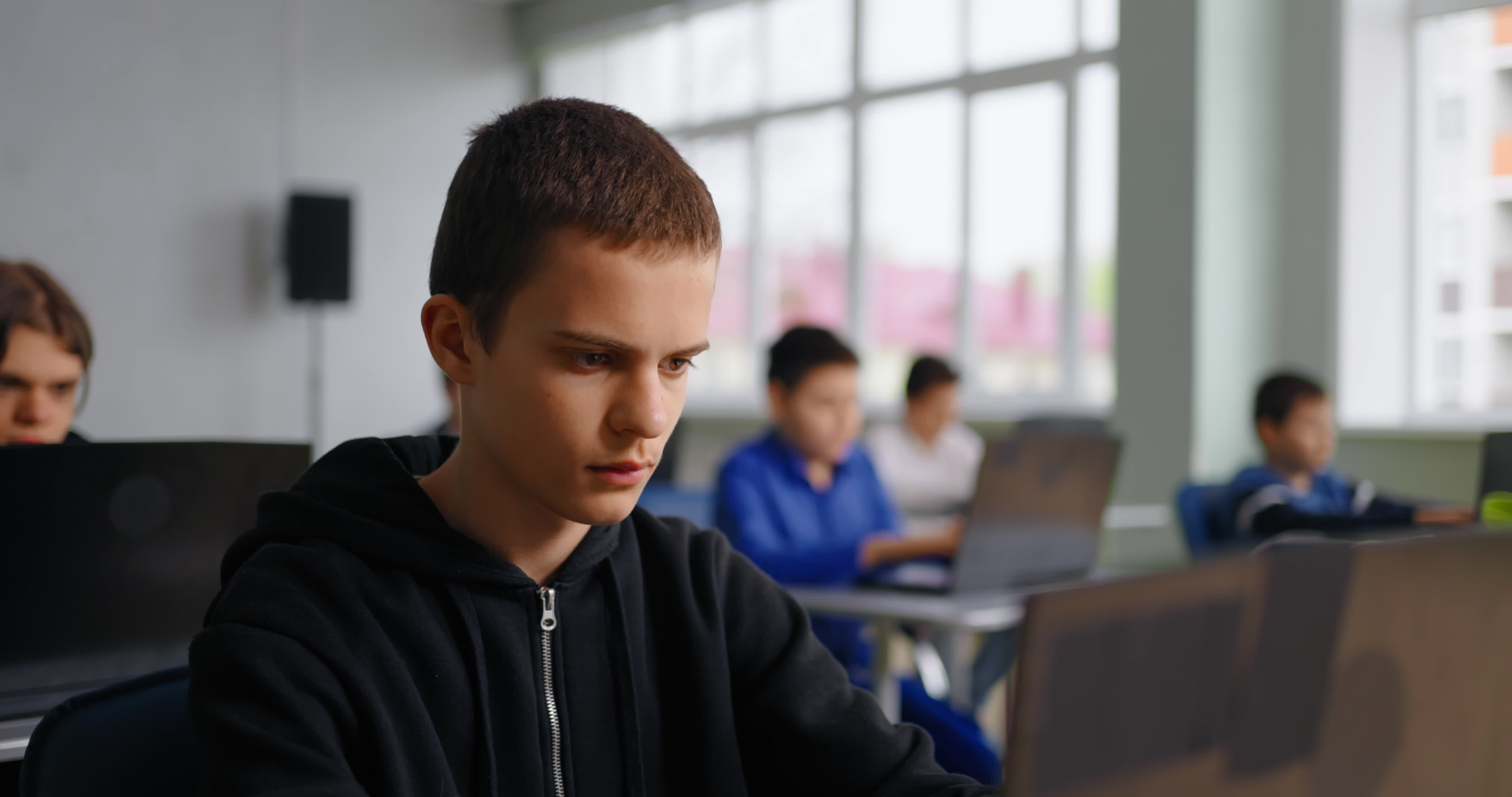 Computer Based Classroom In Modern School, Boy Playing On Computer, Games And Web Design ...