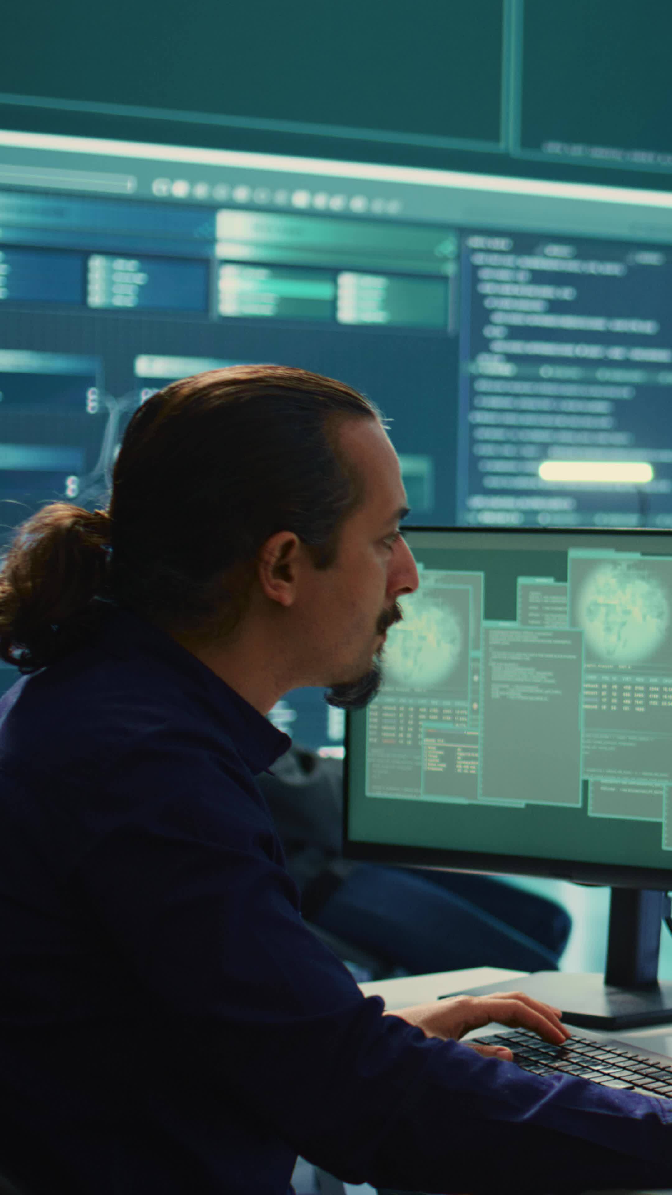 Vertical Cyber Security Experts In A Governmental Hacking Room Working On Securing Networks