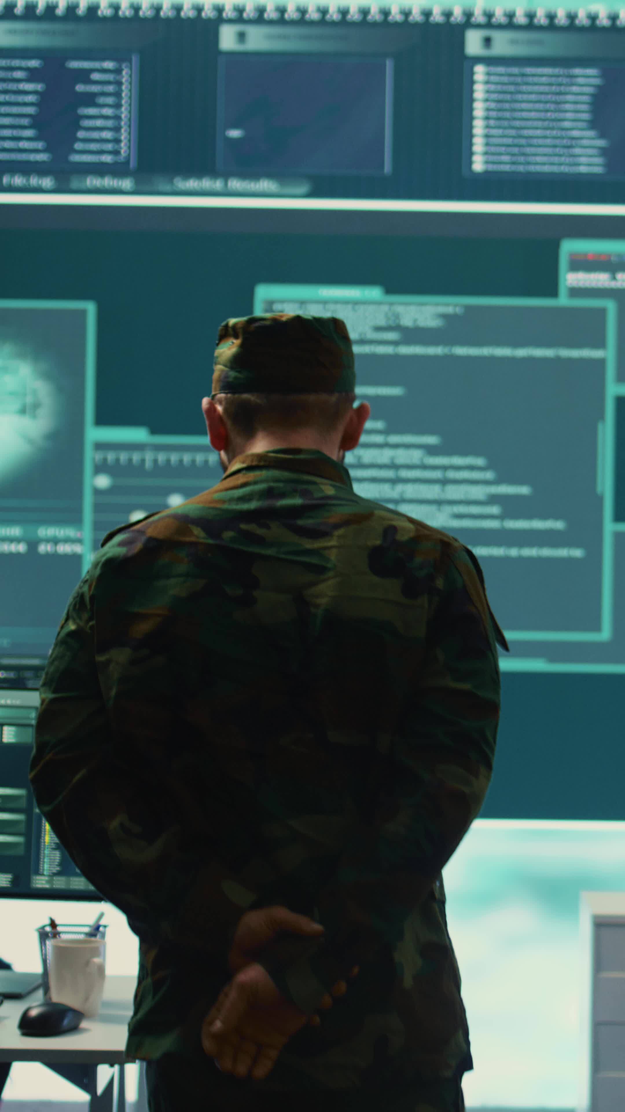 Vertical Military Hackers Working On Cyber Security In A High Tech Government Center Focusing