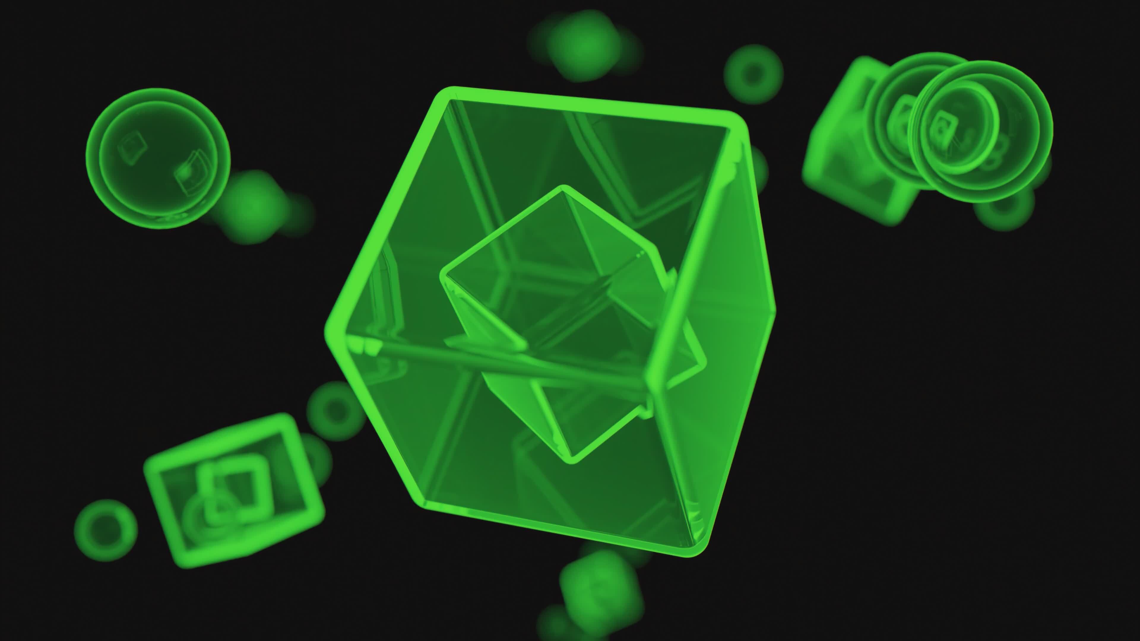 Balls Move Around Rotating 3d Squares Design Animated Cyber Figures Move And Rotate In Space