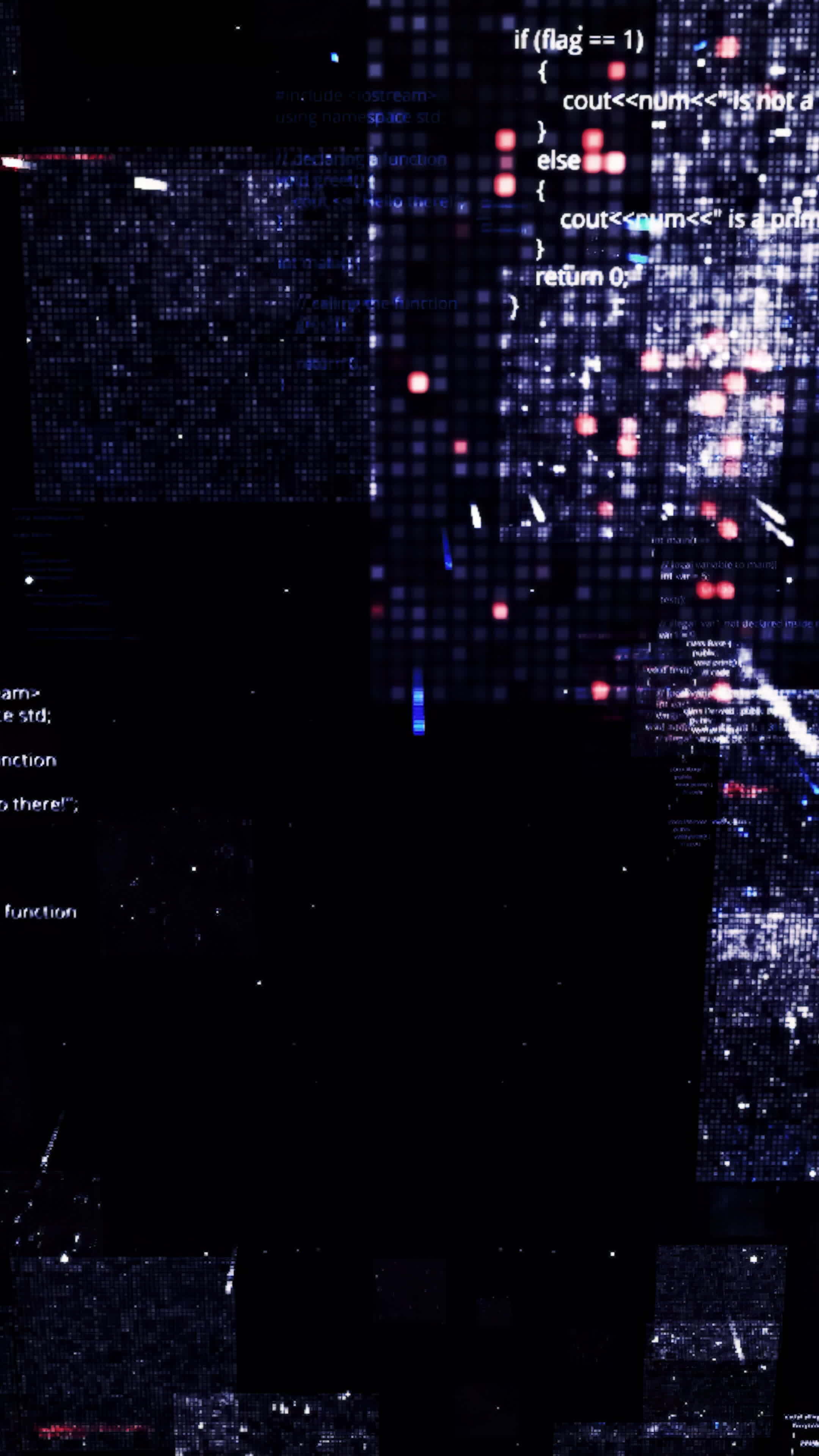 Digital program codes moving asymmetrically on a dark screen. Animation. Visualization of the ...