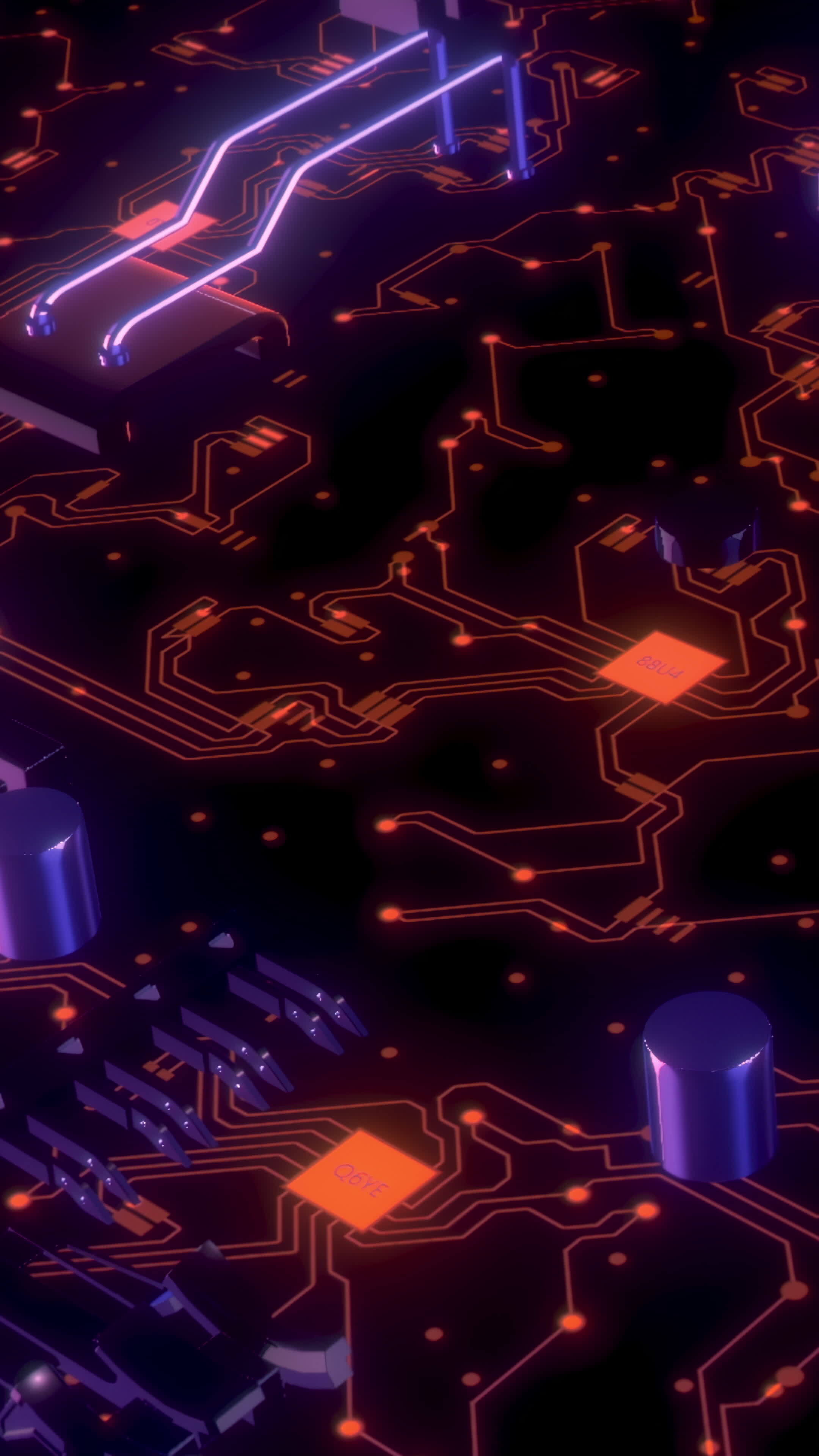 Computer system with neon details. Motion. Futuristic computer technology in details of chip ...