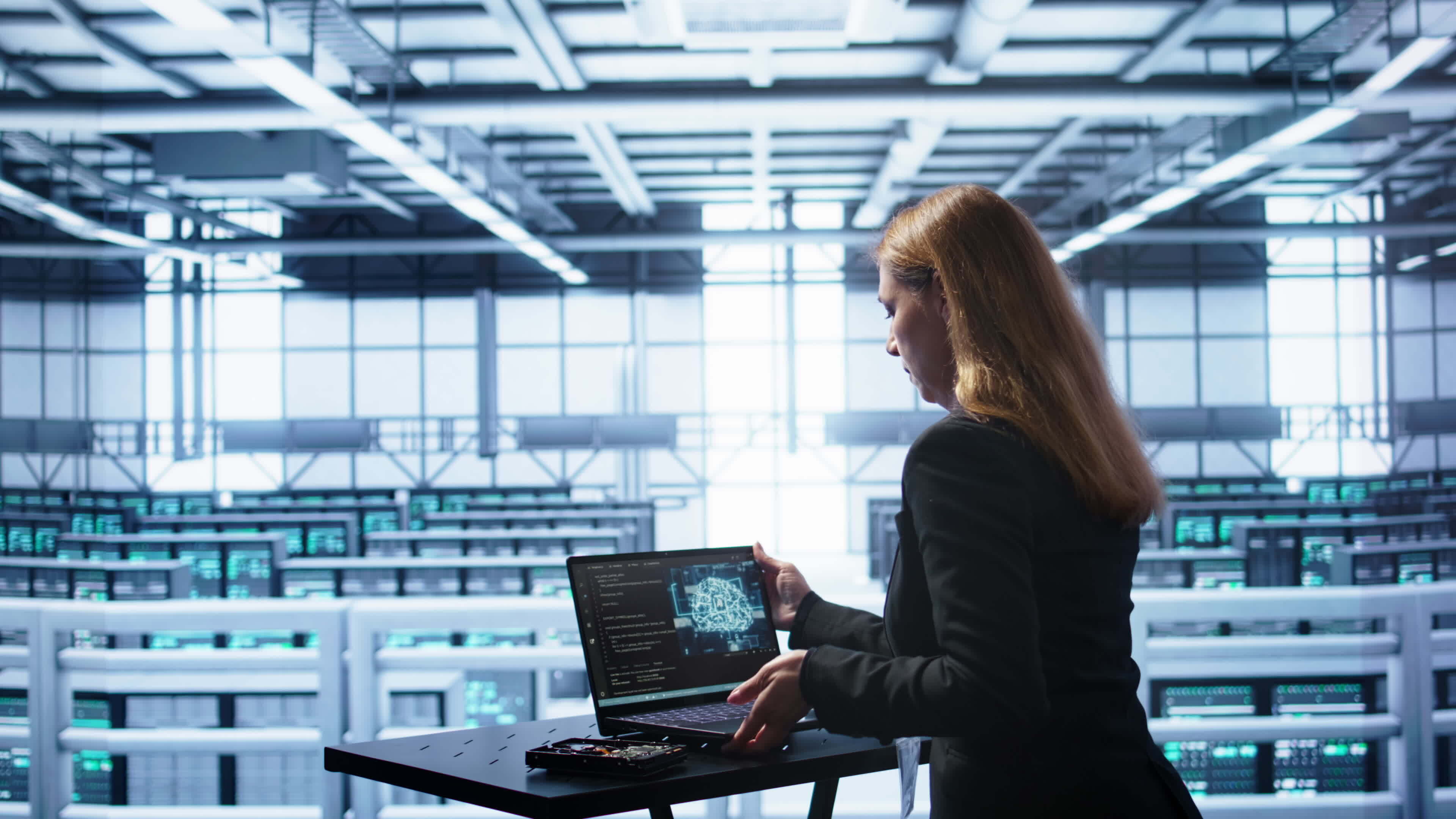 Admin In Data Center Works With Artificial Intelligence Computerized Model Simulating Human