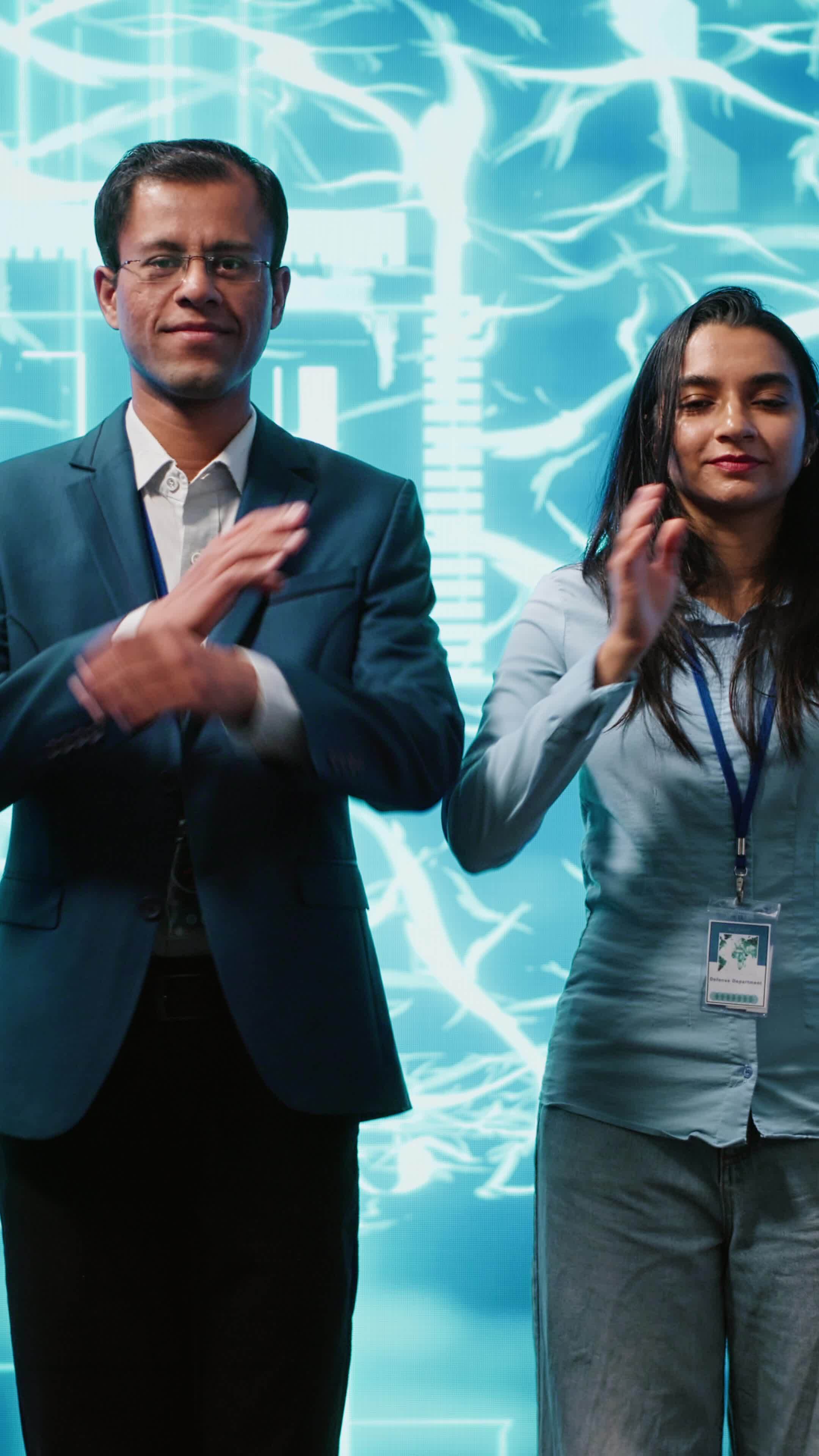 Vertical Portrait Of Cheerful Team Of Admins Using Artificial
