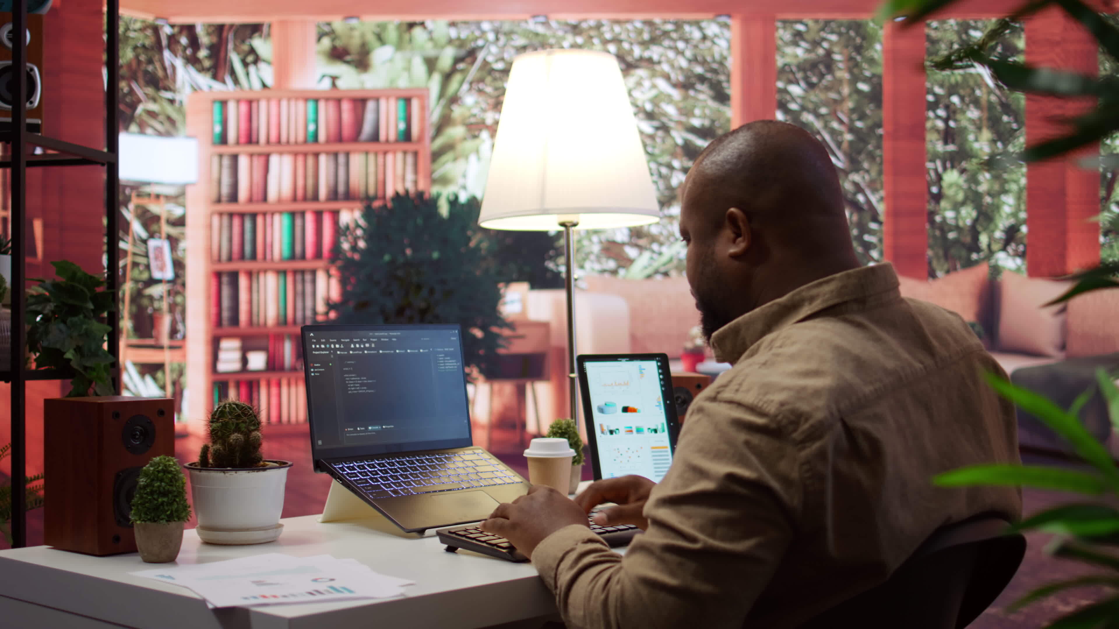 Professional IT engineer at his desk working on AI coding and deep learning projects, showcasing ...