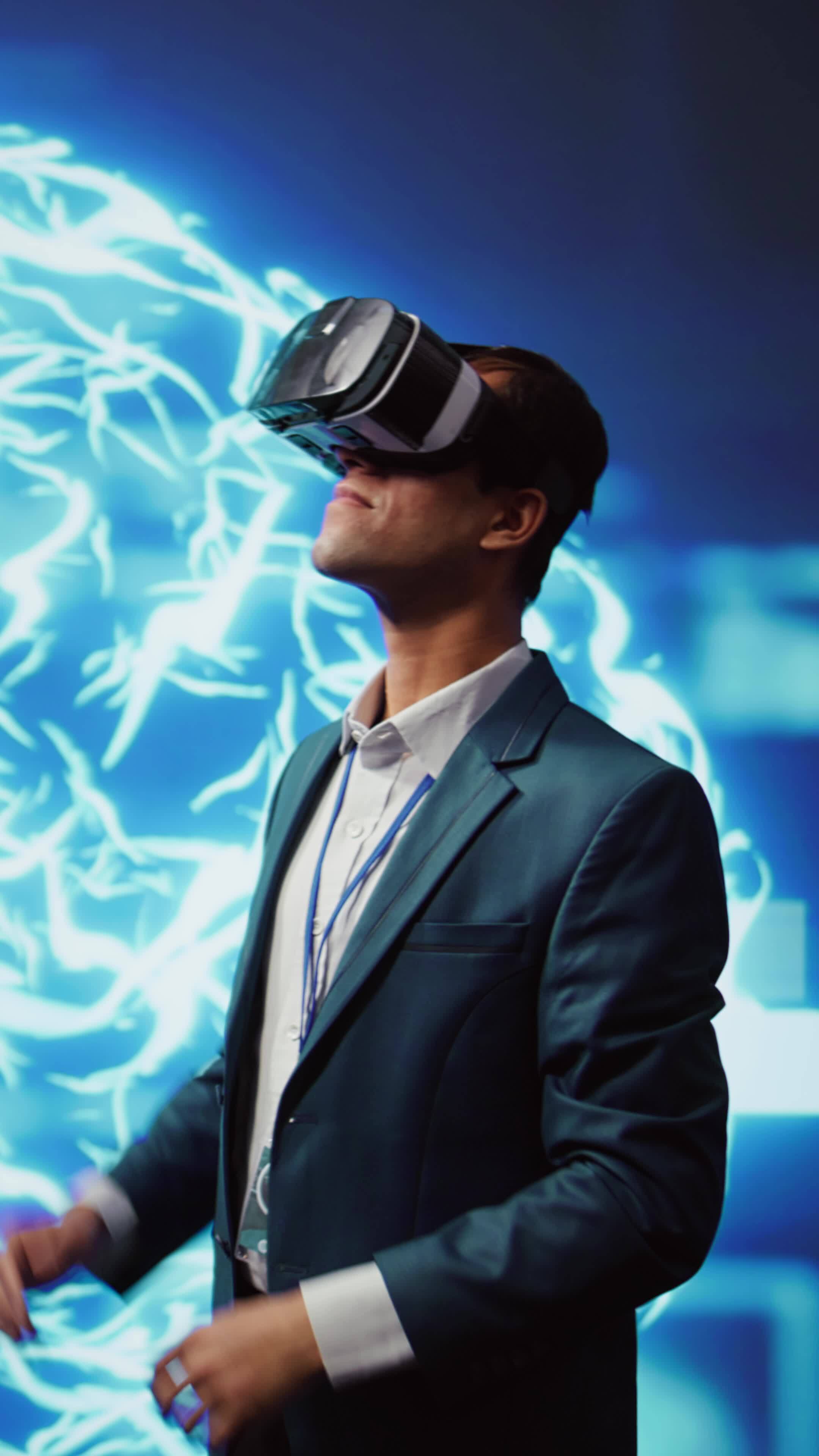 Vertical System Administrator Wearing Vr Headset Looking At Hologram Of Artificial Intelligence