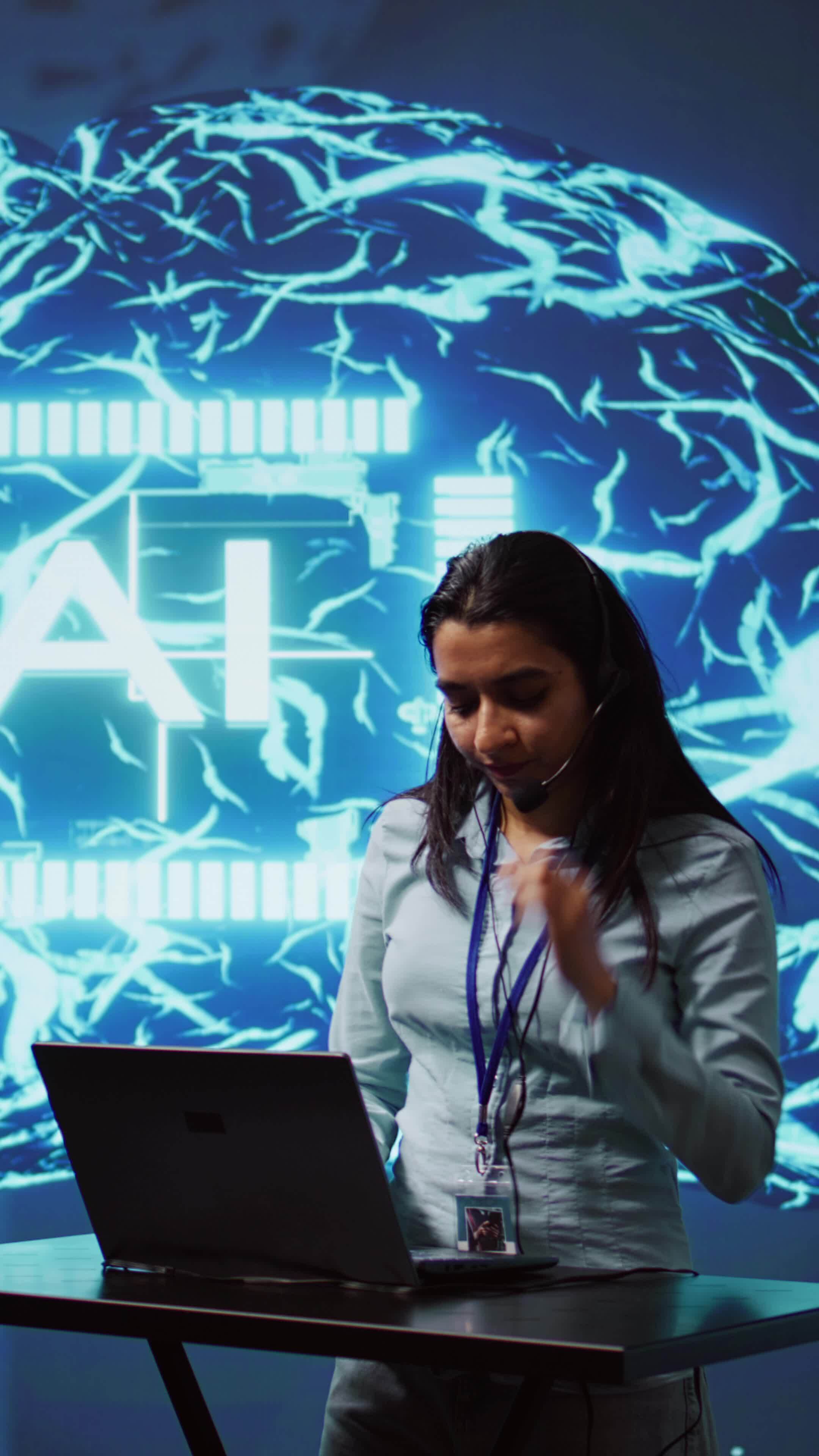 Vertical Technician In High Tech Workspace Managing Call Center Tasks Speaking Into Headset
