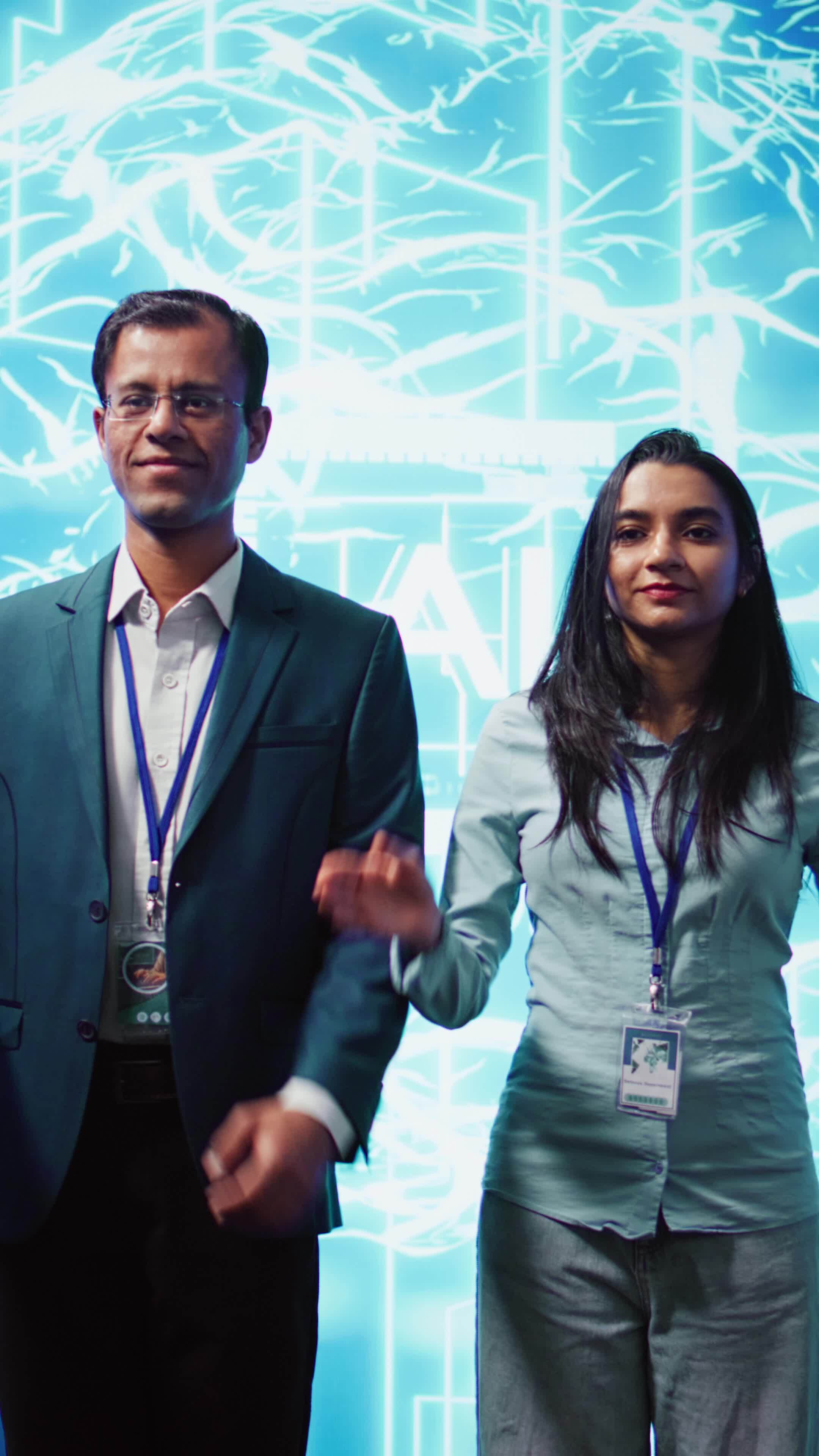 Vertical Portrait Of Cheerful Team Of Admins Using Artificial
