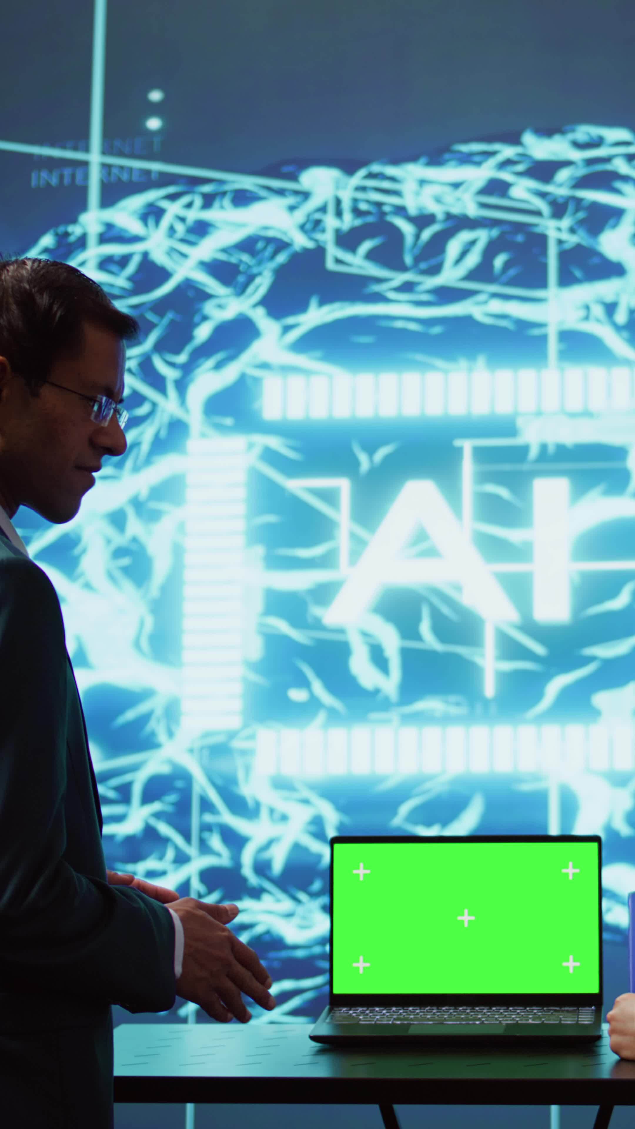 Vertical Startup Coworkers Brainstorming Ways To Use Ai On Chroma Key Notebook To Improve Data 4779