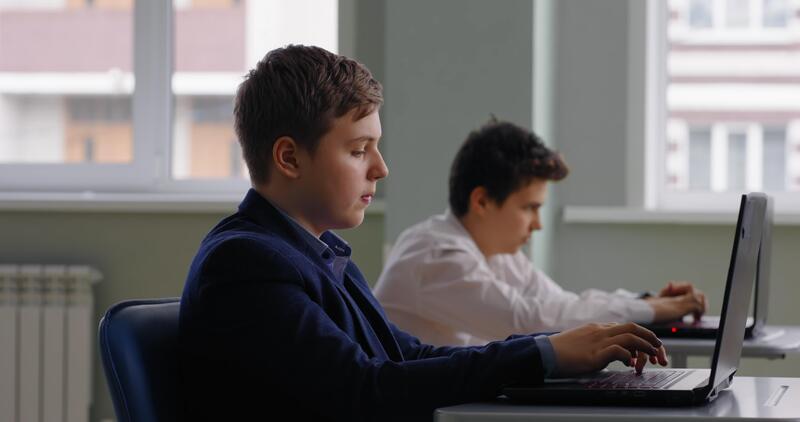 Schoolboys In Modern Computer-Based Classroom, Teens Students ...