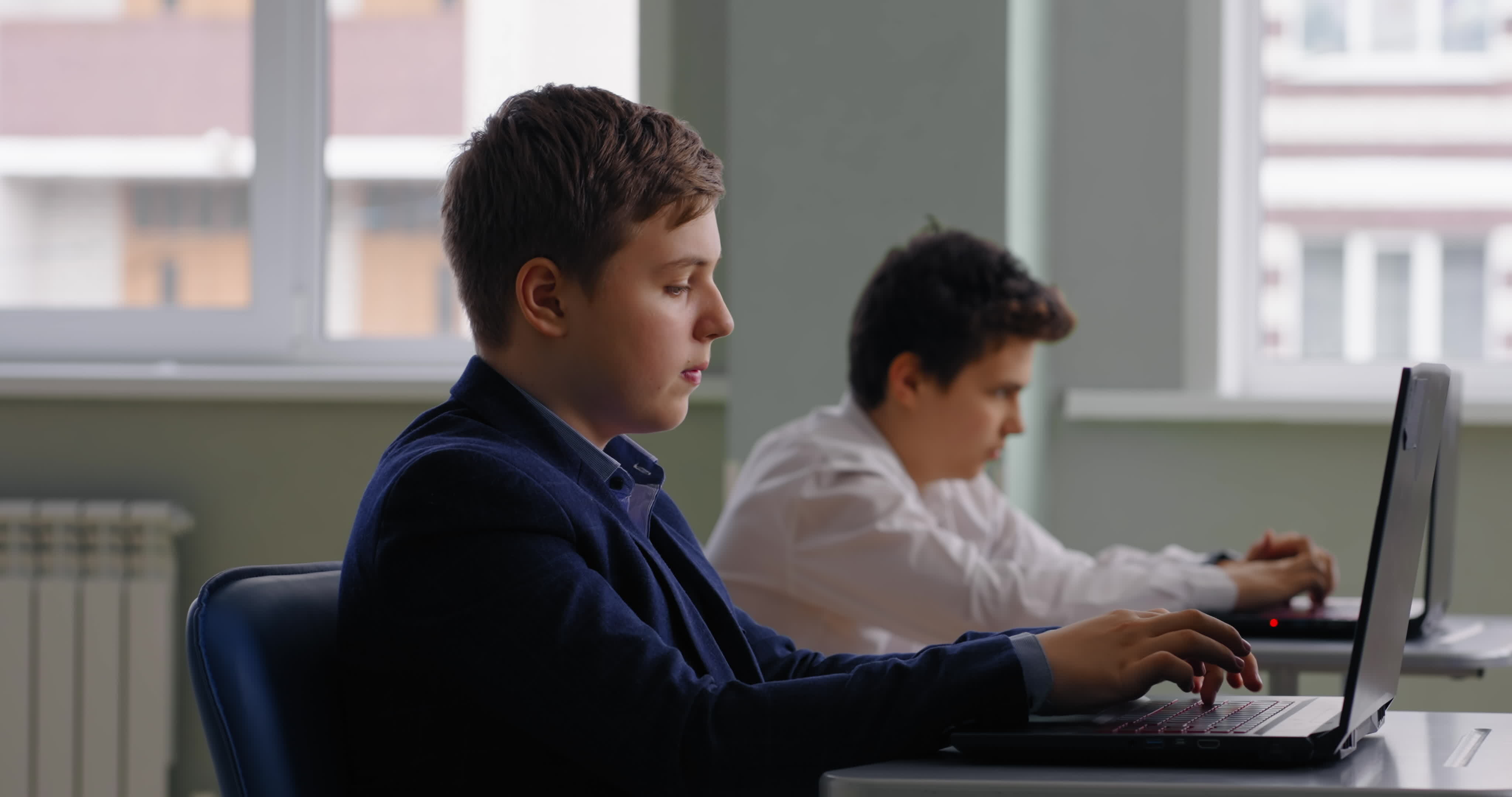 Schoolboys In Modern Computer-Based Classroom, Teens Students Practicing In Programming Classes ...