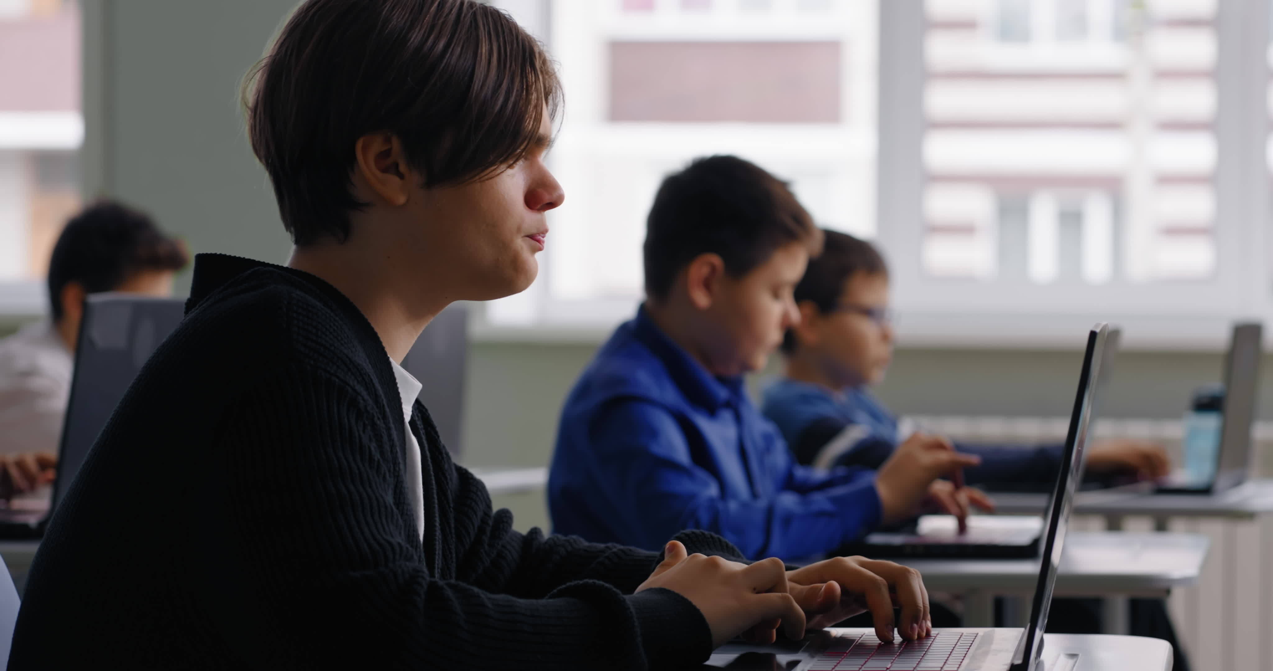 Pupils In Computer-Based Classroom Of High School, Teens Schoolboys ...