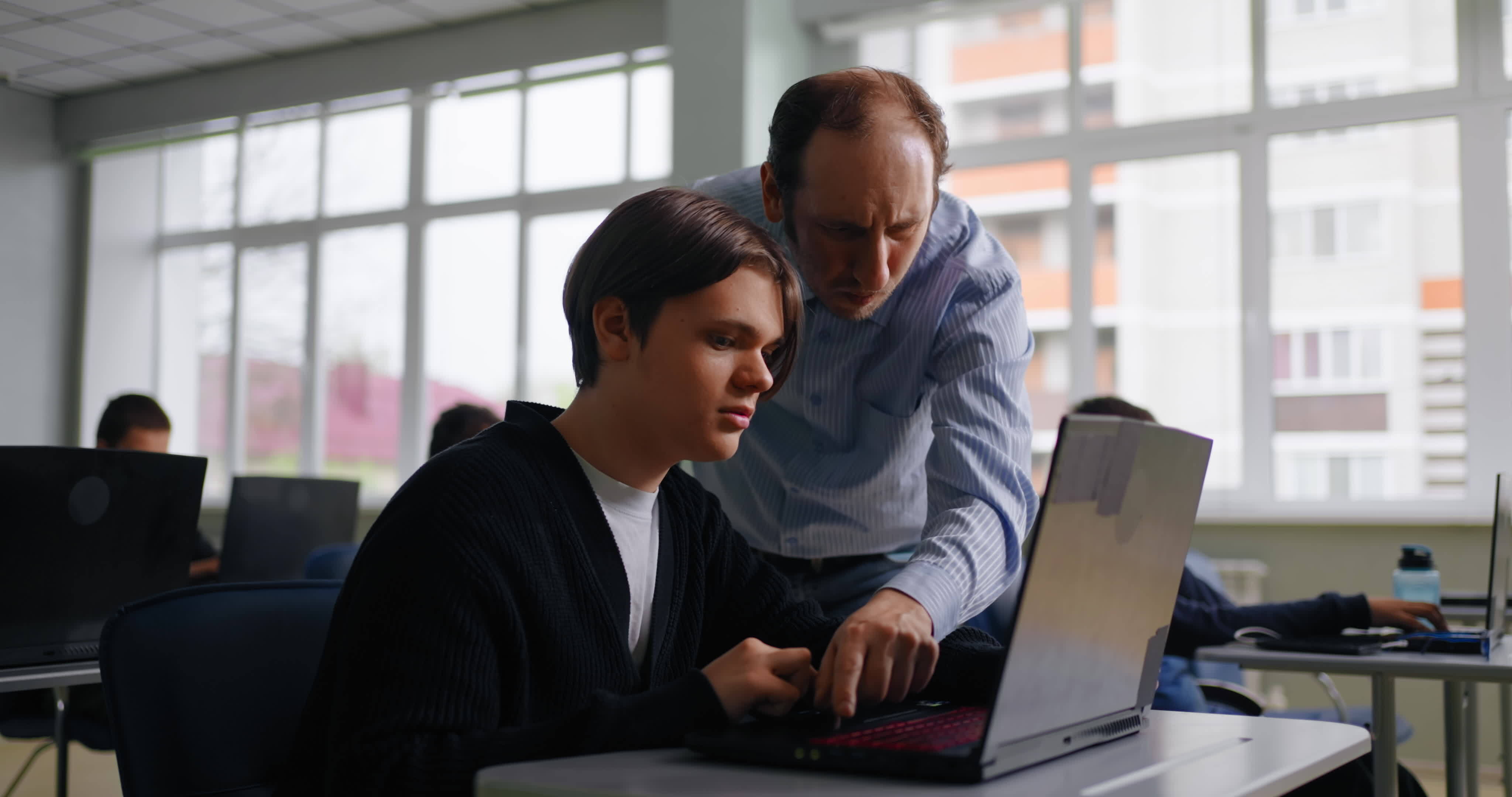 Education In Modern School, Teacher Helping Student Boy In Computer ...