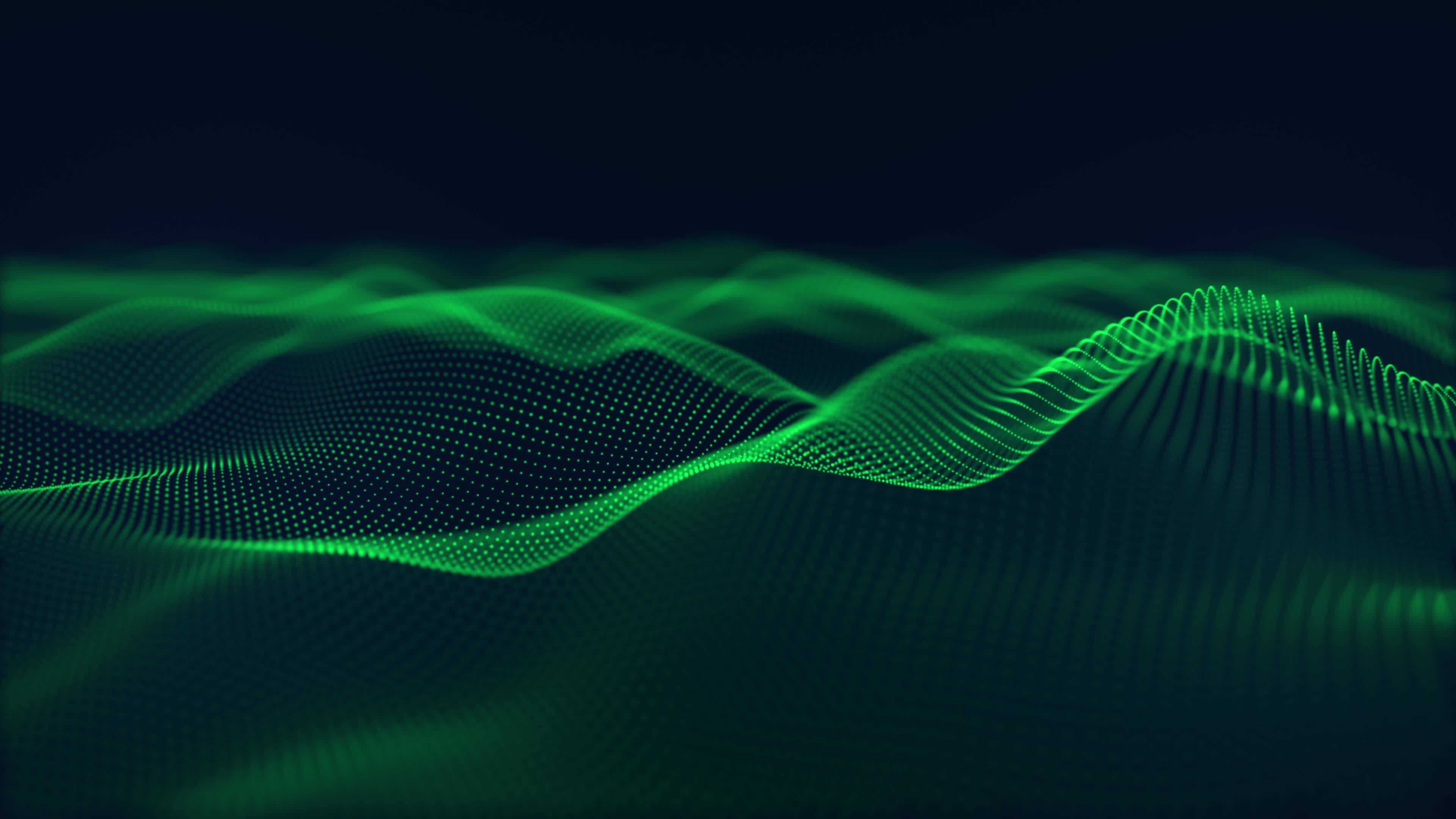 Looped Background With Green Particle Waves Smoothly Floating On A Dark