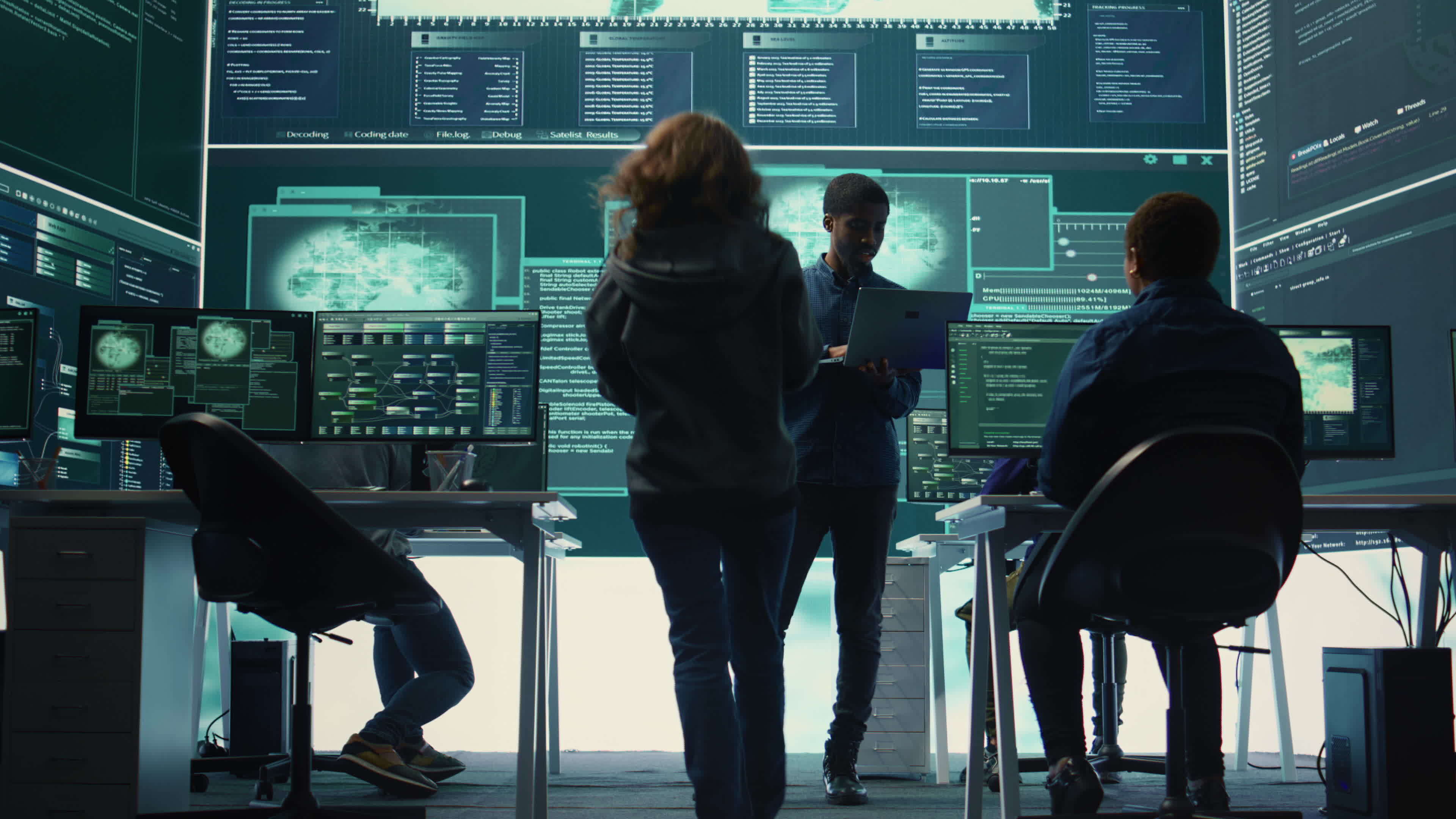 Group Of Governmental Hackers Analyzing Digital Threats On Pc Networks Using A Big Screen