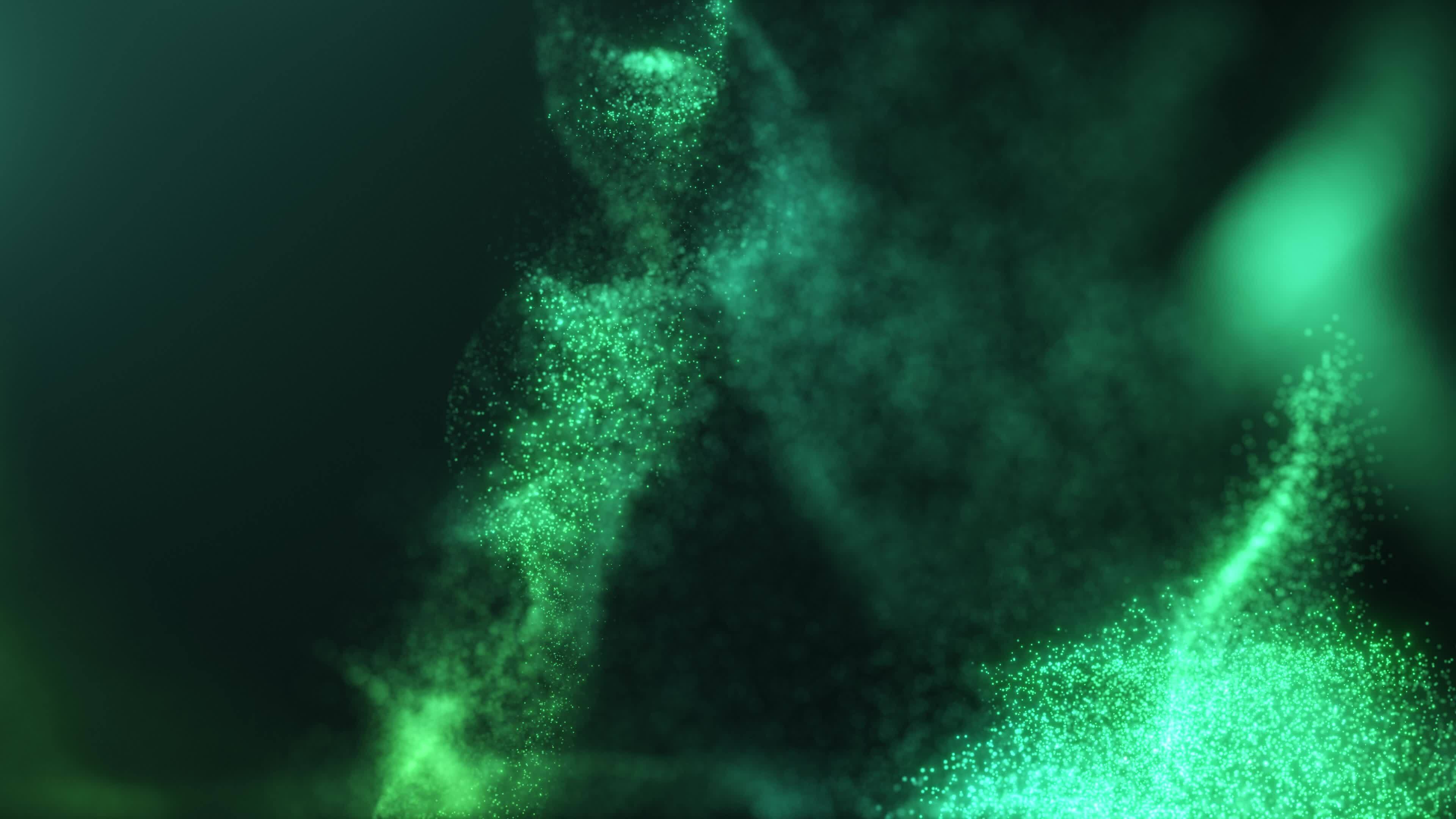 Digital particles swirl with wave energy under a microscope, creating beautiful bokeh. Abstract ...