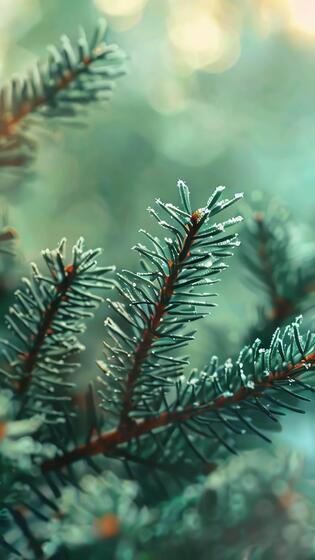 vertical 4K captures close-up, detailed pine tree needles with a soft ...