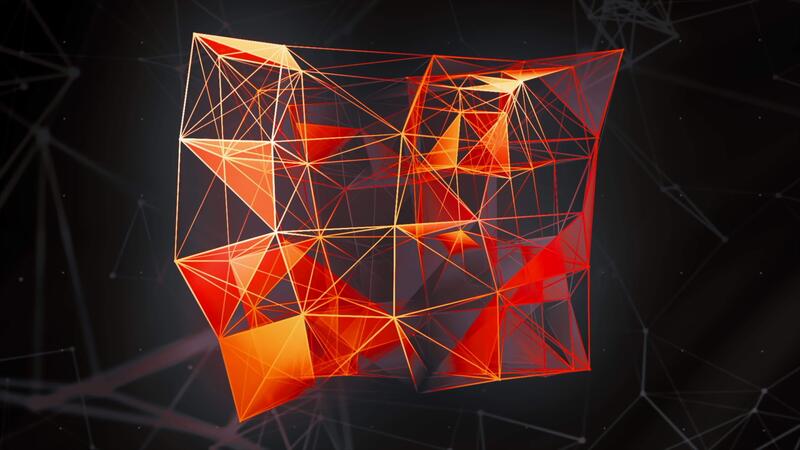 Cube of geometric lines. Motion. Moving cube of many geometric lines and triangles in space ...