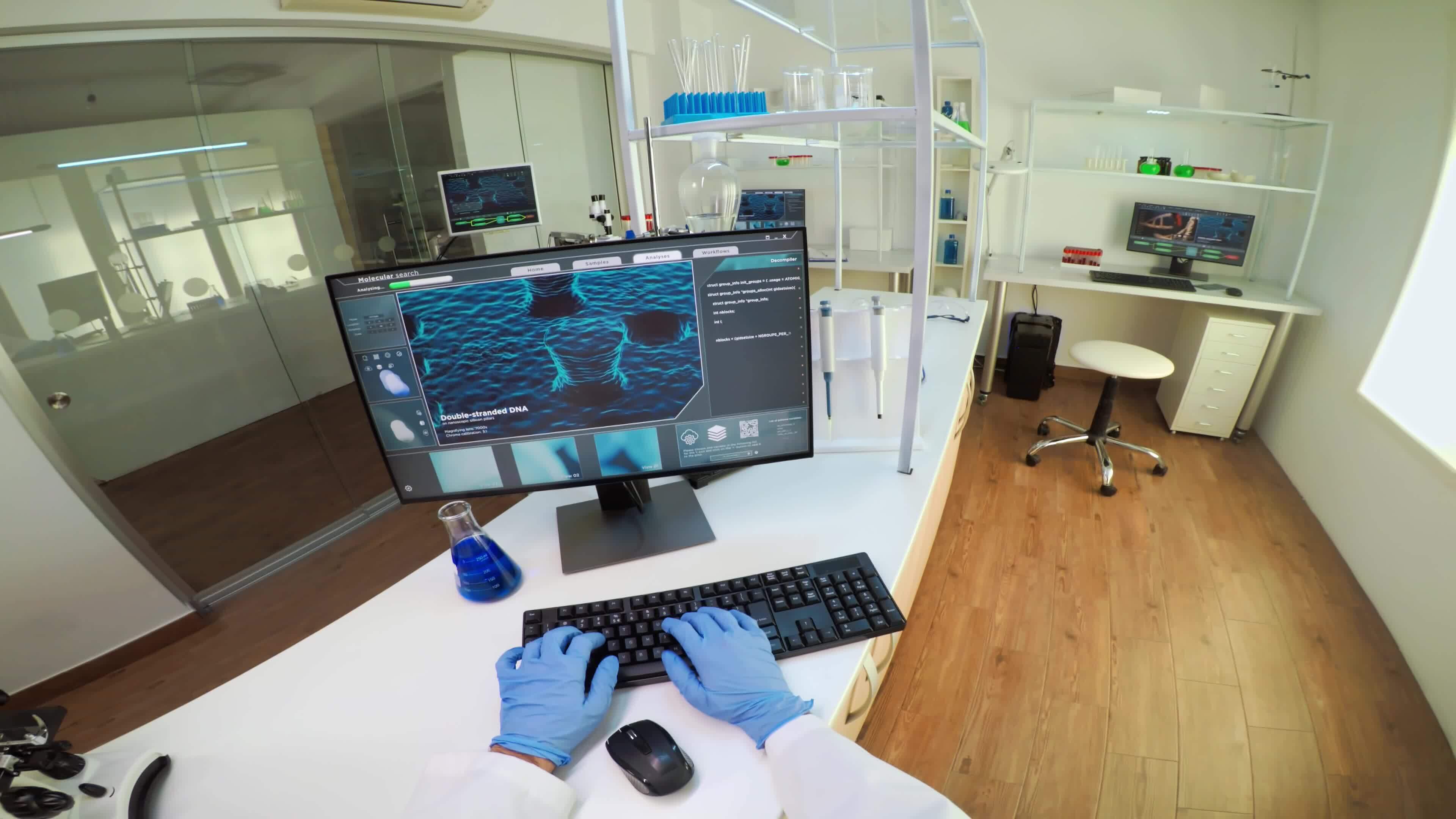 POV of researcher doctor writing at computer, analysing DNA scan image ...