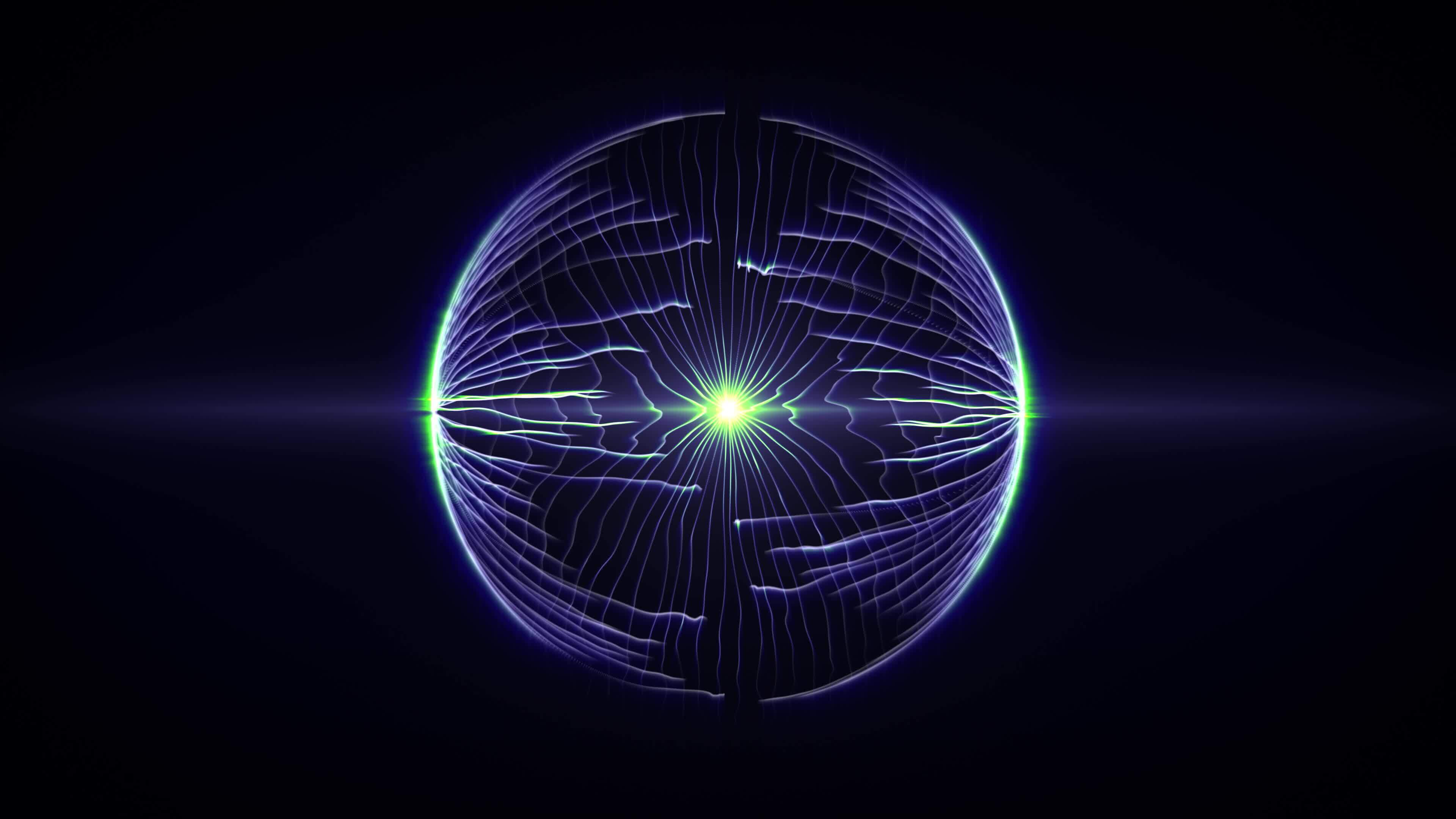 Seamless Loop Background With Abstract Blue Energy Sphere Made Of Liquid Strings With Green Glow