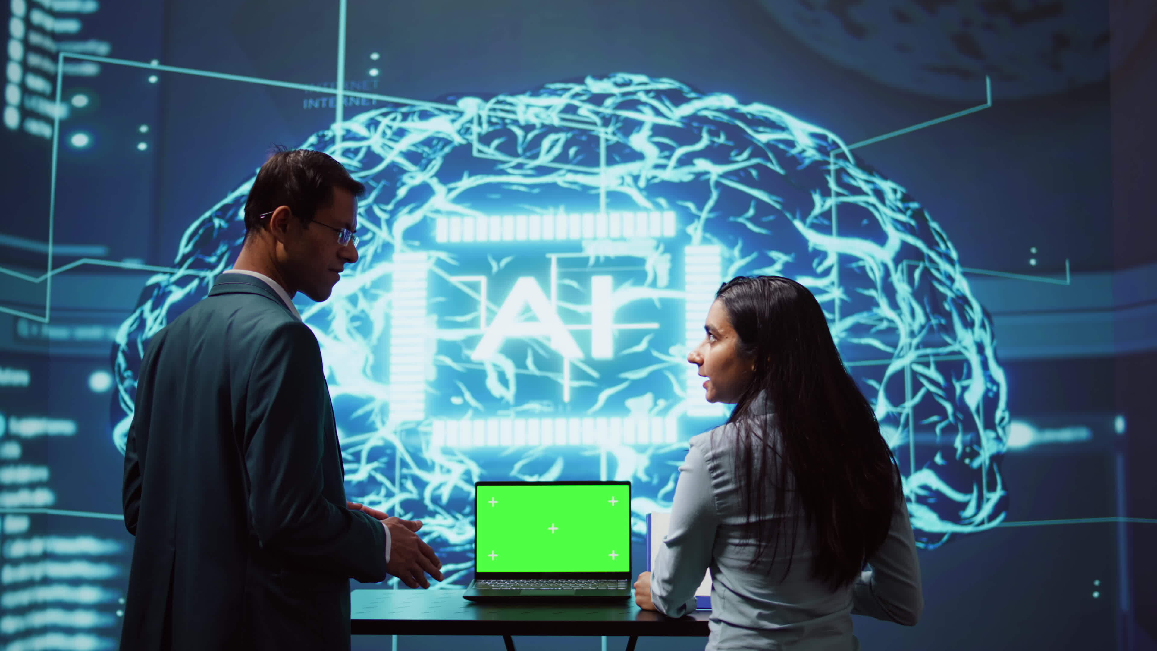 Startup Coworkers Brainstorming Ways To Use Ai On Chroma Key Notebook To Improve Data Driven