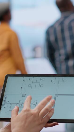 Vertical Real Estate Agent And Client Evaluating Blueprints And